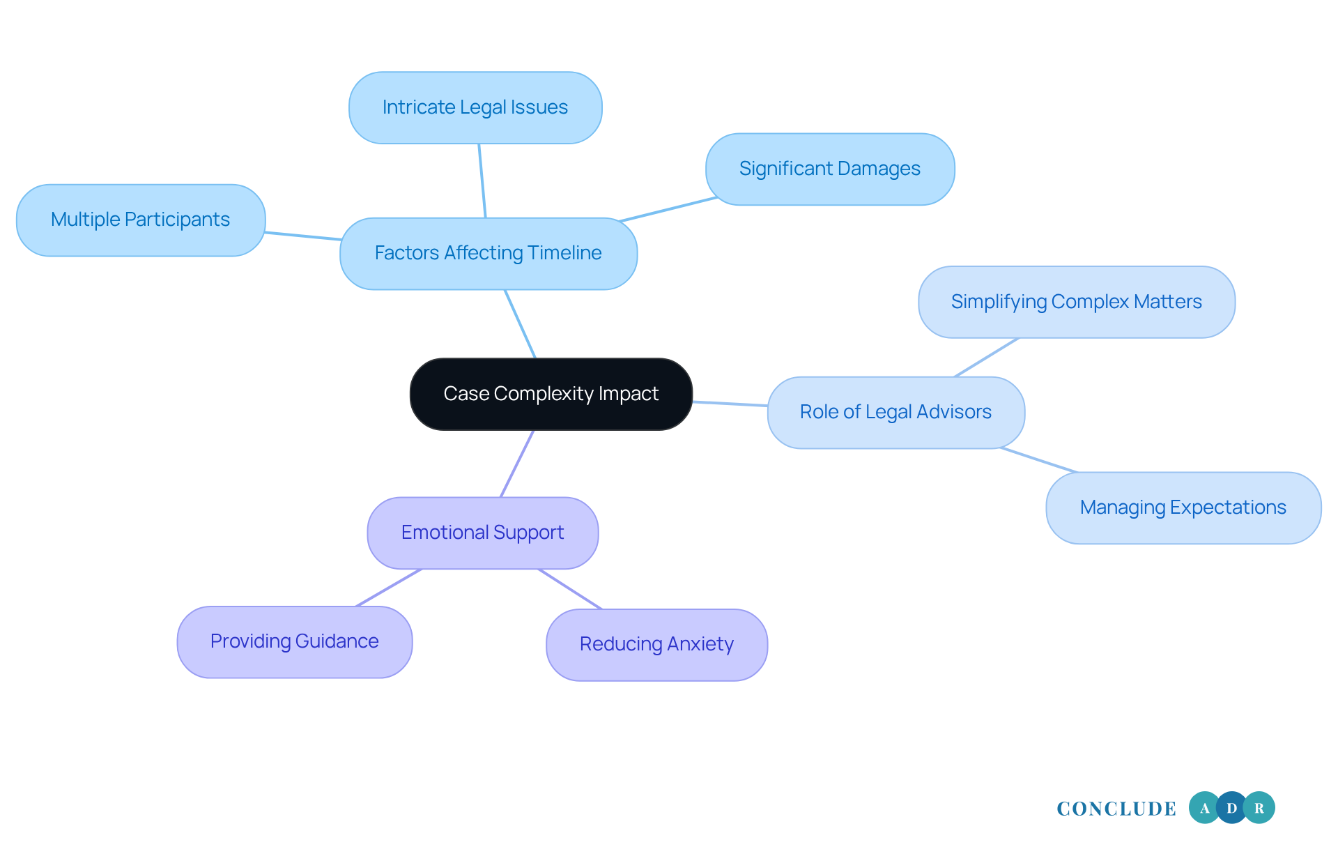 The center represents the main theme of case complexity. Each branch shows related factors that can influence how long it takes to settle a case, along with the importance of legal support and emotional reassurance.