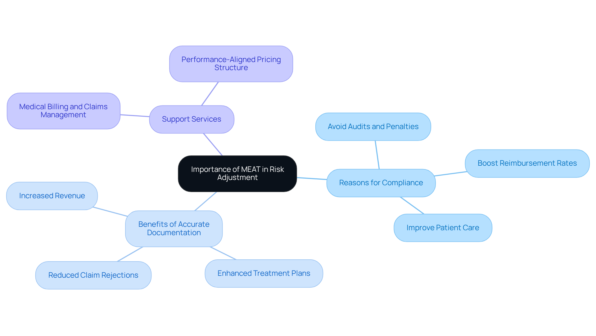 The central node represents the main topic of compliance in risk adjustment. Each branch shows a reason or service related to compliance, helping you see how they all connect and support the overall goal of improving healthcare practices.