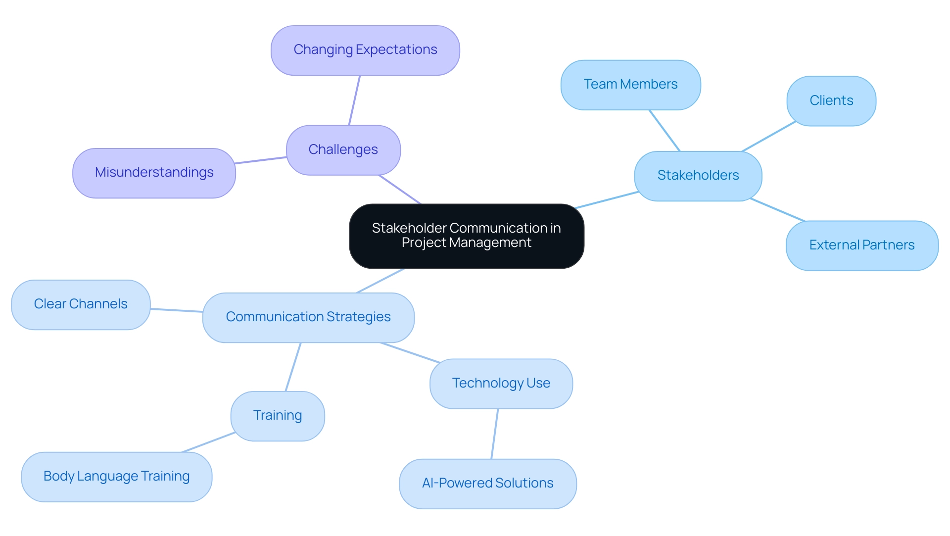 The central node represents the overall communication framework, with branches illustrating stakeholder types, communication strategies, and potential challenges.