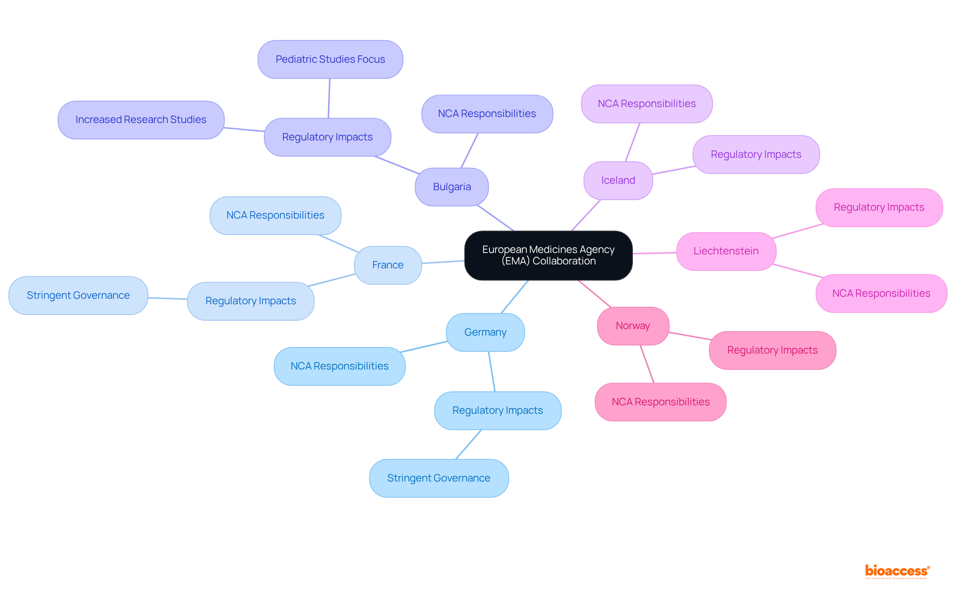 The central node represents the EMA, while branches extend to each country, showing how their unique regulations influence research and market access. Explore each branch to understand the specific responsibilities and impacts of the national competent authorities.