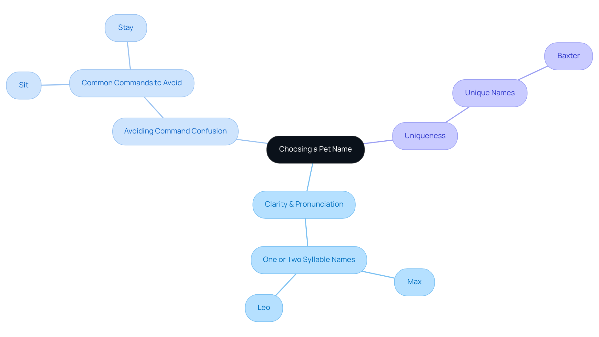 The central node represents the overall topic of choosing a name, while the branches offer specific advice and examples to help you make the best choice for your pet. The central node represents the overall topic of choosing a name, while the branches offer specific advice and examples to help you make the best choice for your pet.