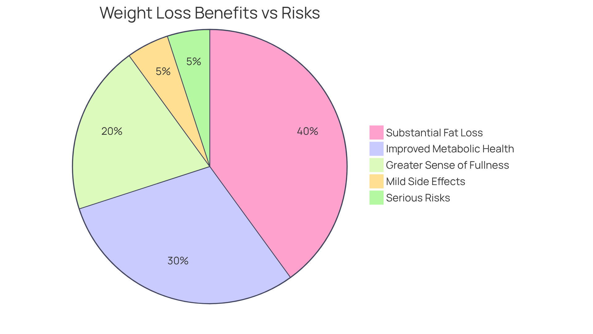 This chart shows the positive aspects of weight loss injections compared to the potential risks. The green section represents the benefits, while the red section highlights the risks. The larger the slice, the more significant that aspect is in the overall evaluation. This chart shows the positive aspects of weight loss injections compared to the potential risks. The green section represents the benefits, while the red section highlights the risks. The larger the slice, the more significant that aspect is in the overall evaluation.