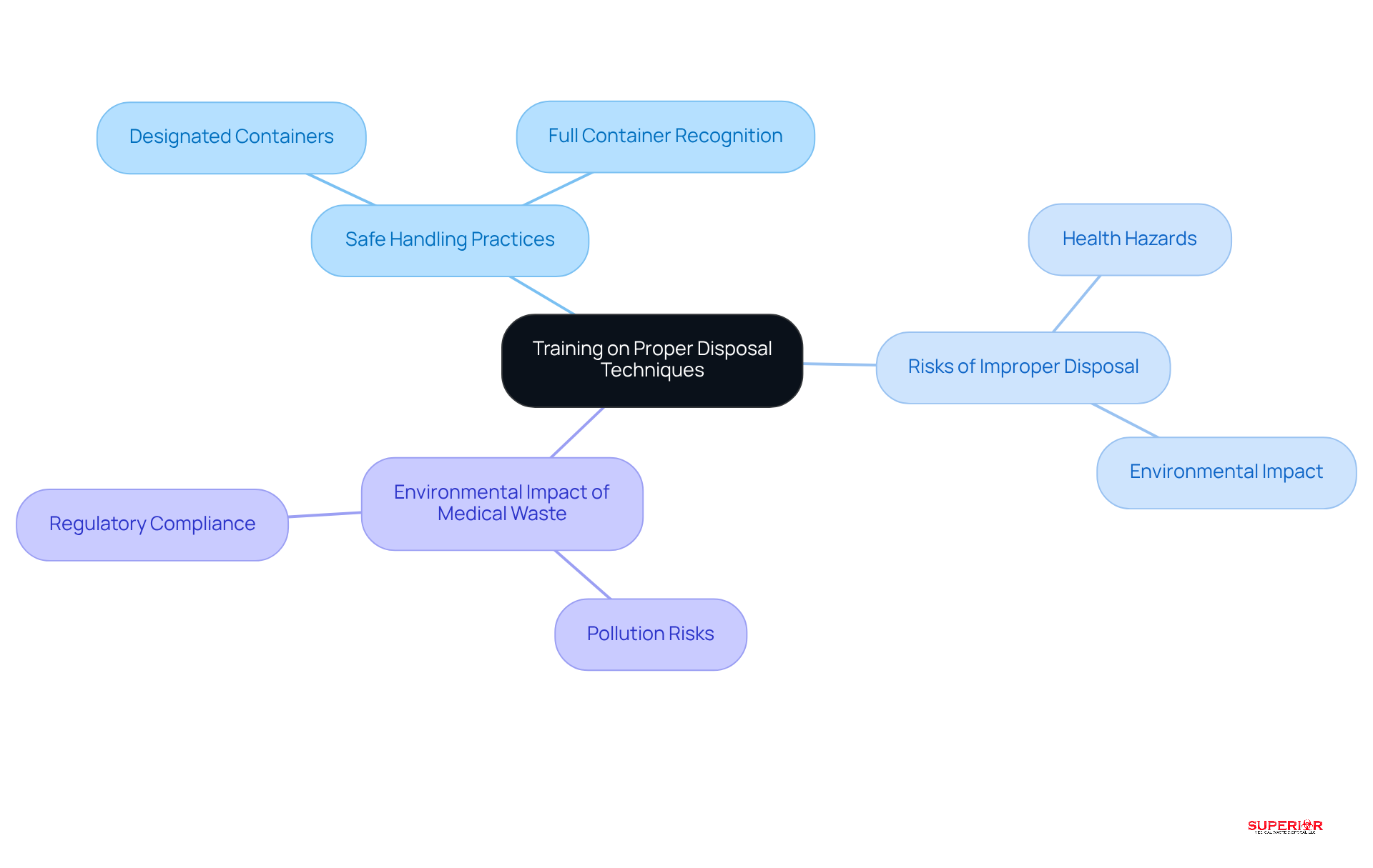 The center represents the main training focus, while the branches show key topics and their details. Follow the branches to explore how each topic contributes to safe disposal practices.