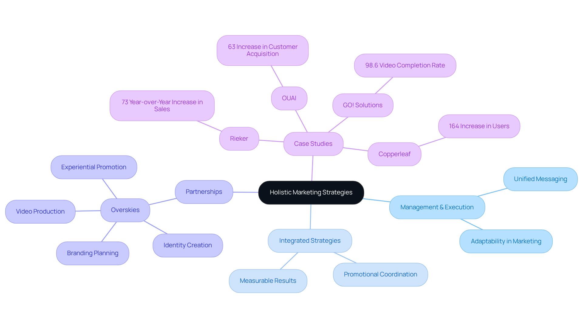 This mindmap starts with the main idea of holistic marketing strategies at the center. From there, you can explore various branches that represent different aspects of the strategy, including partnerships and successful case studies. Each branch shows how these elements contribute to the overall goal of enhancing brand storytelling and achieving measurable results. This mindmap starts with the main idea of holistic marketing strategies at the center. From there, you can explore various branches that represent different aspects of the strategy, including partnerships and successful case studies. Each branch shows how these elements contribute to the overall goal of enhancing brand storytelling and achieving measurable results.