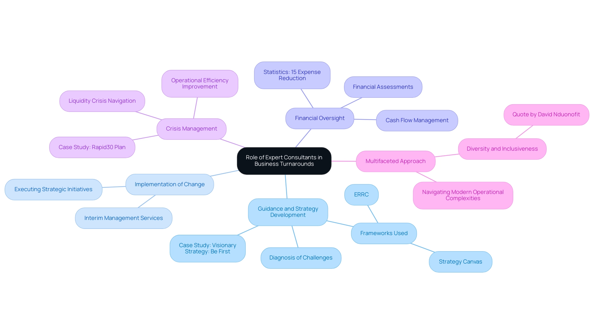 Each main branch represents a critical area of contribution by consultants, with sub-branches providing further details and examples.