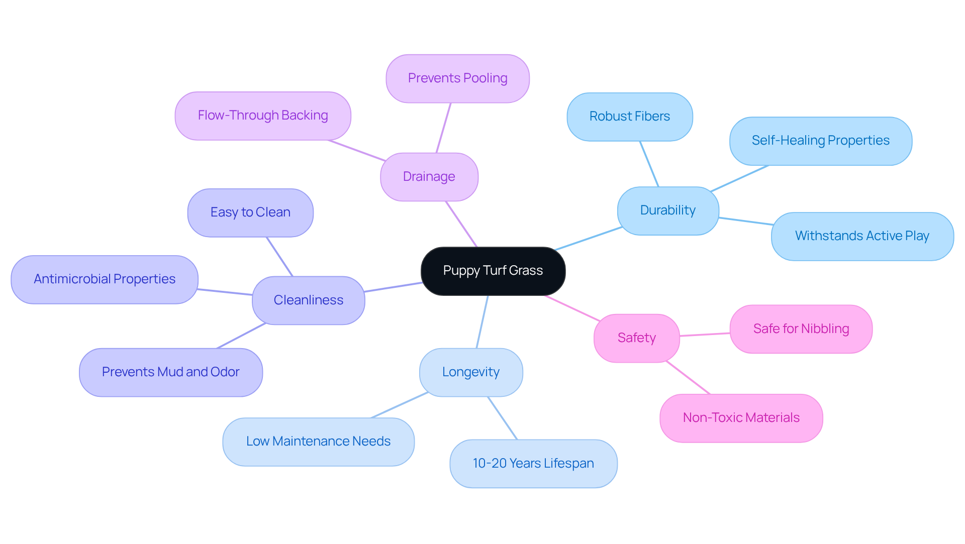 The center represents puppy turf grass, and the branches show its key benefits. Each feature is connected to specific points that explain why it's a great choice for pet owners.