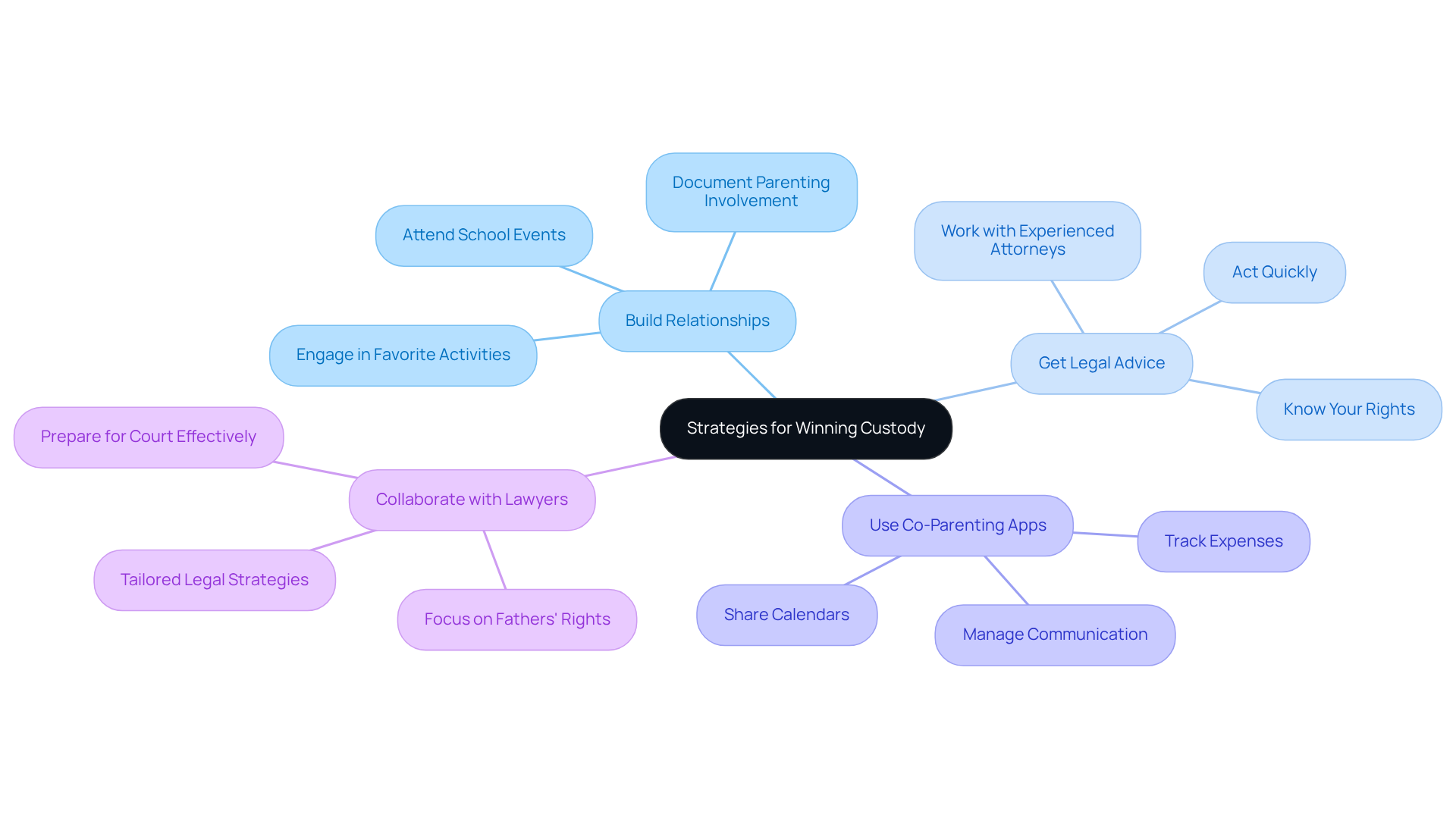 This mindmap starts with the main goal of winning custody and branches out into key strategies. Each branch represents a different approach, and the sub-branches provide specific actions you can take. Follow the branches to see how each strategy connects to the overall goal. This mindmap starts with the main goal of winning custody and branches out into key strategies. Each branch represents a different approach, and the sub-branches provide specific actions you can take. Follow the branches to see how each strategy connects to the overall goal.