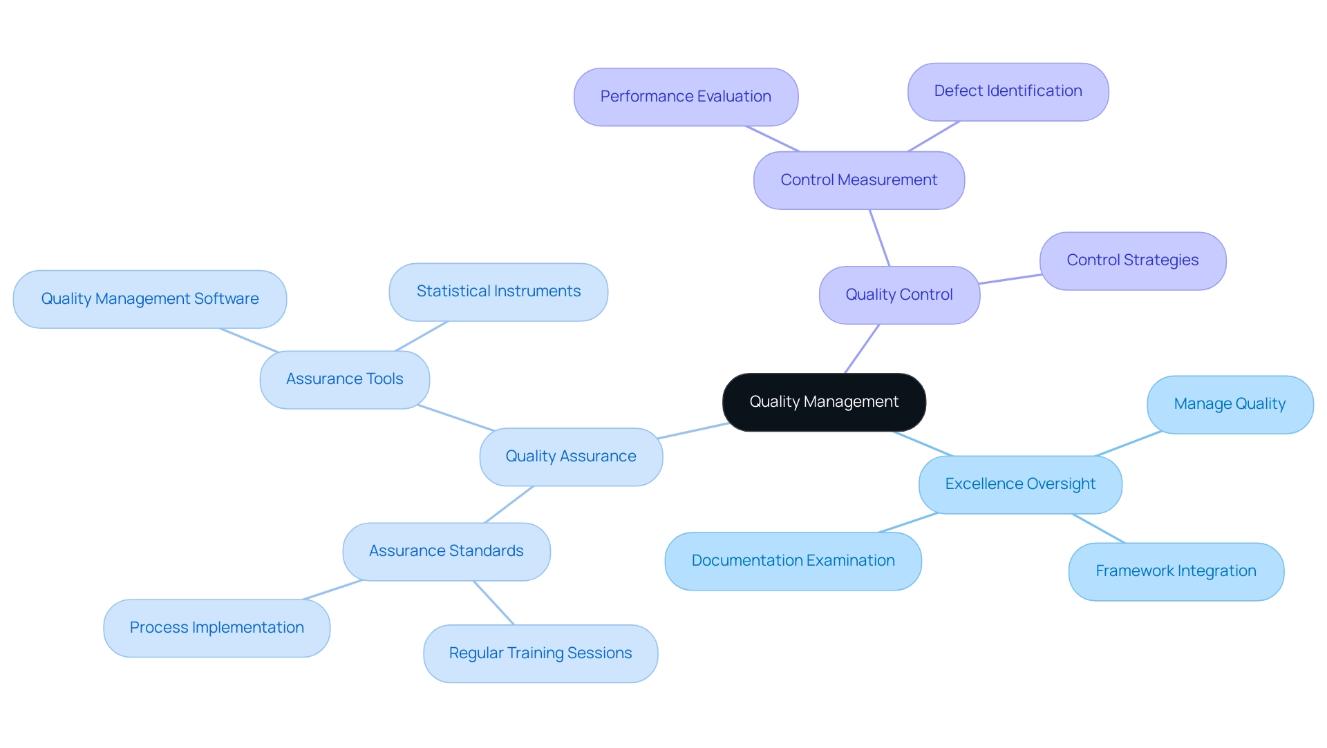 Color-coded branches represent different aspects of quality management: Blue for Excellence Oversight, Green for Quality Assurance, and Red for Quality Control.