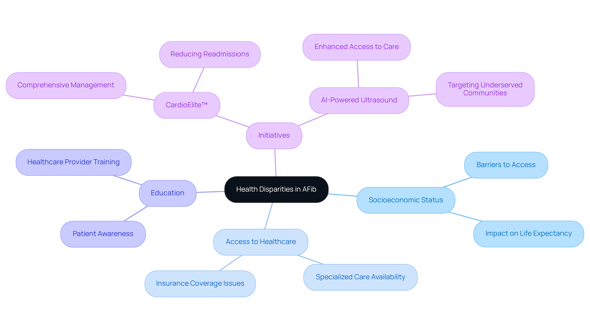 The central node represents the main issue of health disparities in AFib, while each branch highlights different factors that influence these disparities. Sub-branches provide more details on specific barriers and initiatives designed to improve care.