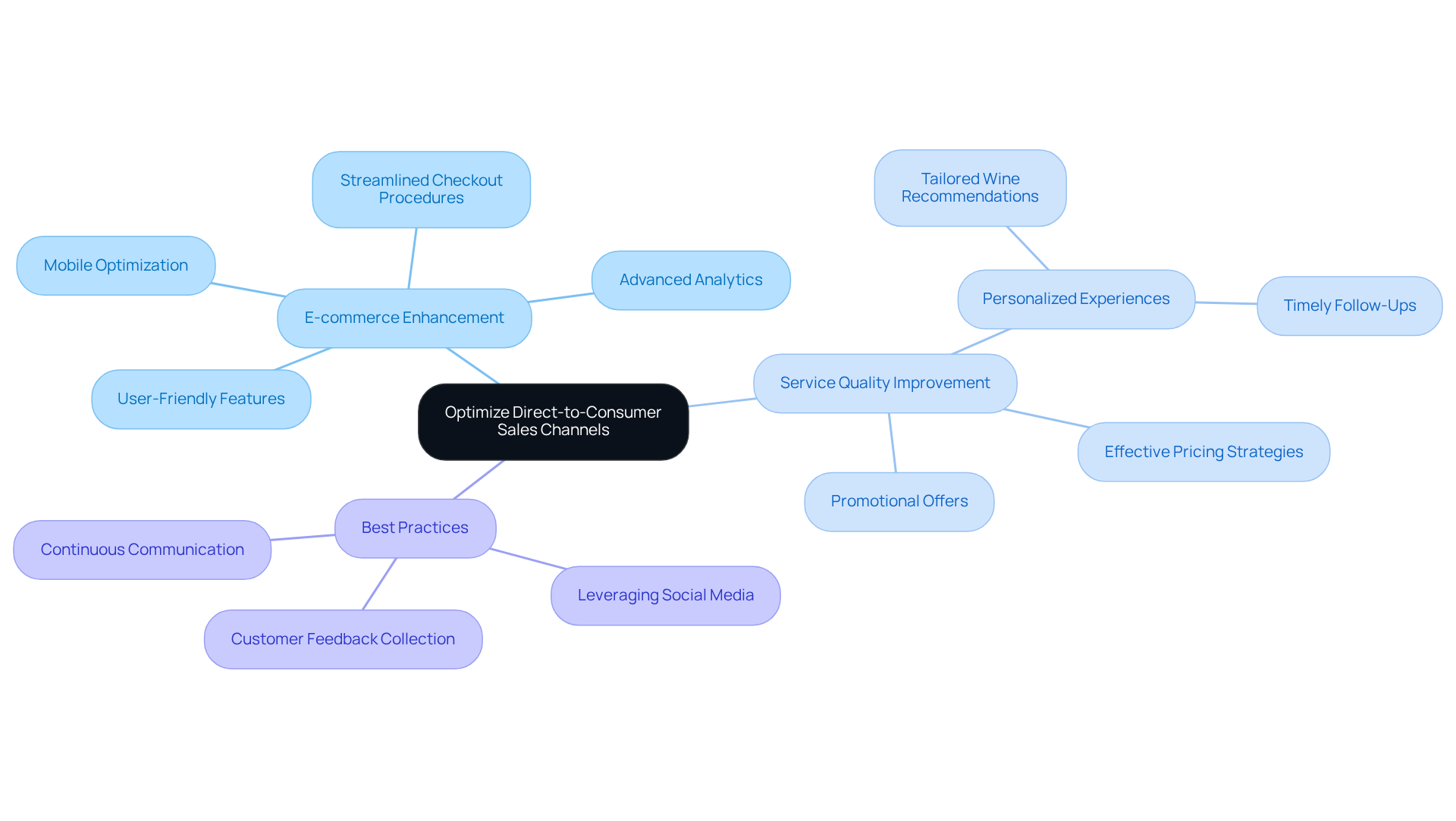 The central node represents the primary focus of enhancing sales channels. Each branch indicates a strategy or practice that contributes to achieving better sales and customer loyalty, helping vineyards understand how to implement these ideas effectively.