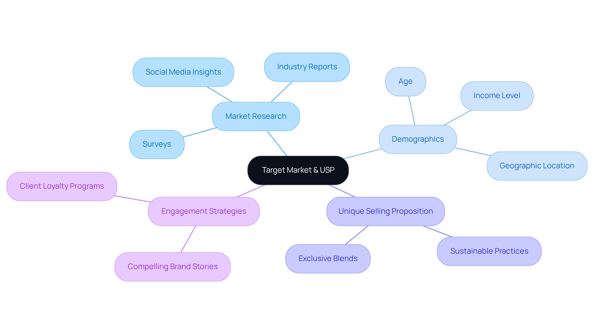The central idea represents defining your target market and USP, while the branches show the different aspects you need to consider, like research methods and customer engagement. Each color-coded branch helps you understand how these concepts are related. The central idea represents defining your target market and USP, while the branches show the different aspects you need to consider, like research methods and customer engagement. Each color-coded branch helps you understand how these concepts are related.
