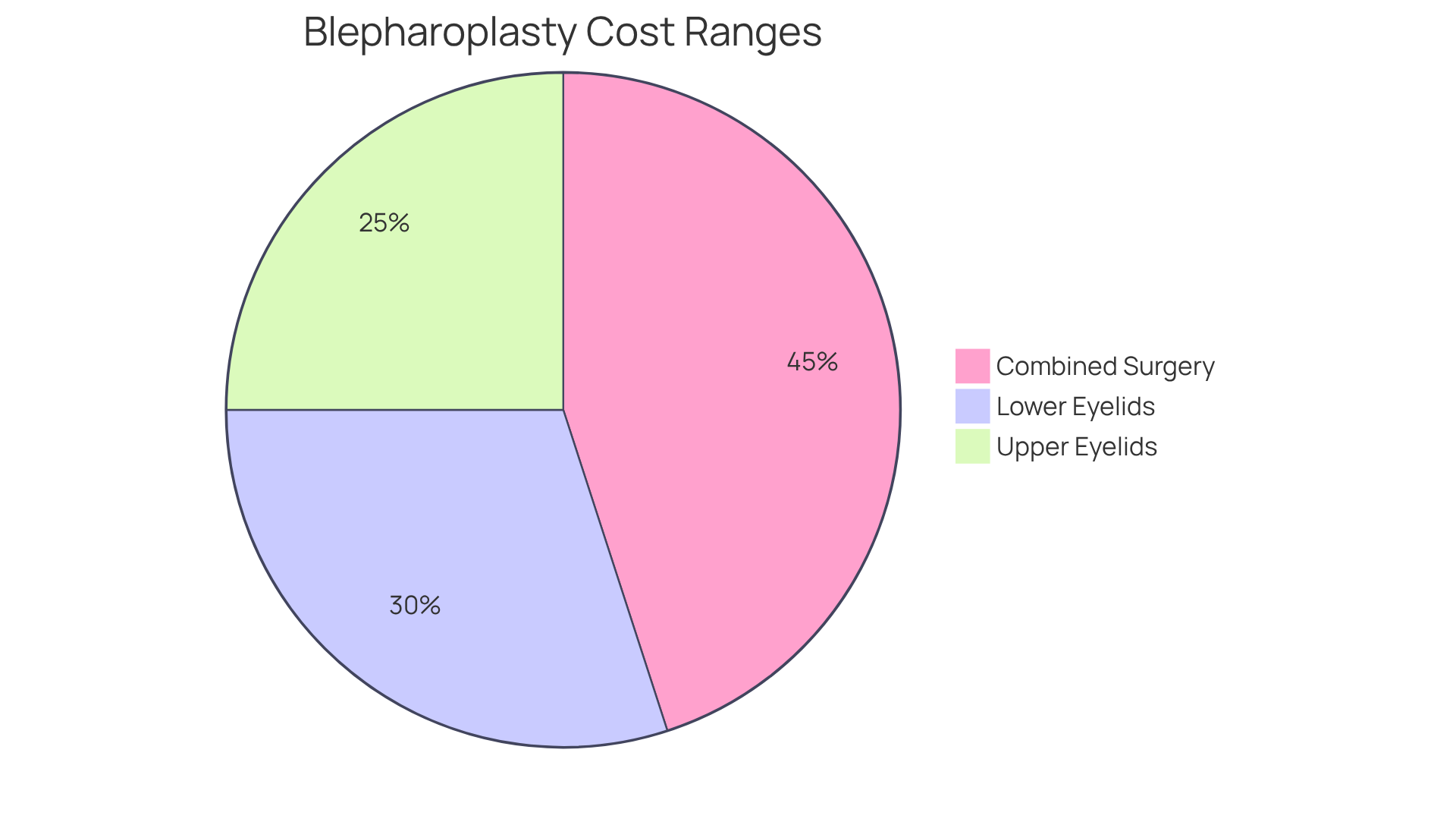 This pie chart shows the different cost ranges for eyelid surgery. Each segment represents a type of procedure: the upper eyelid surgery costs between $3,000 and $6,000, lower eyelid surgery ranges from $3,500 to $8,000, and combined surgeries can cost between $6,000 and $12,000. The larger the segment, the higher the potential cost for that procedure. This pie chart shows the different cost ranges for eyelid surgery. Each segment represents a type of procedure: the upper eyelid surgery costs between $3,000 and $6,000, lower eyelid surgery ranges from $3,500 to $8,000, and combined surgeries can cost between $6,000 and $12,000. The larger the segment, the higher the potential cost for that procedure.