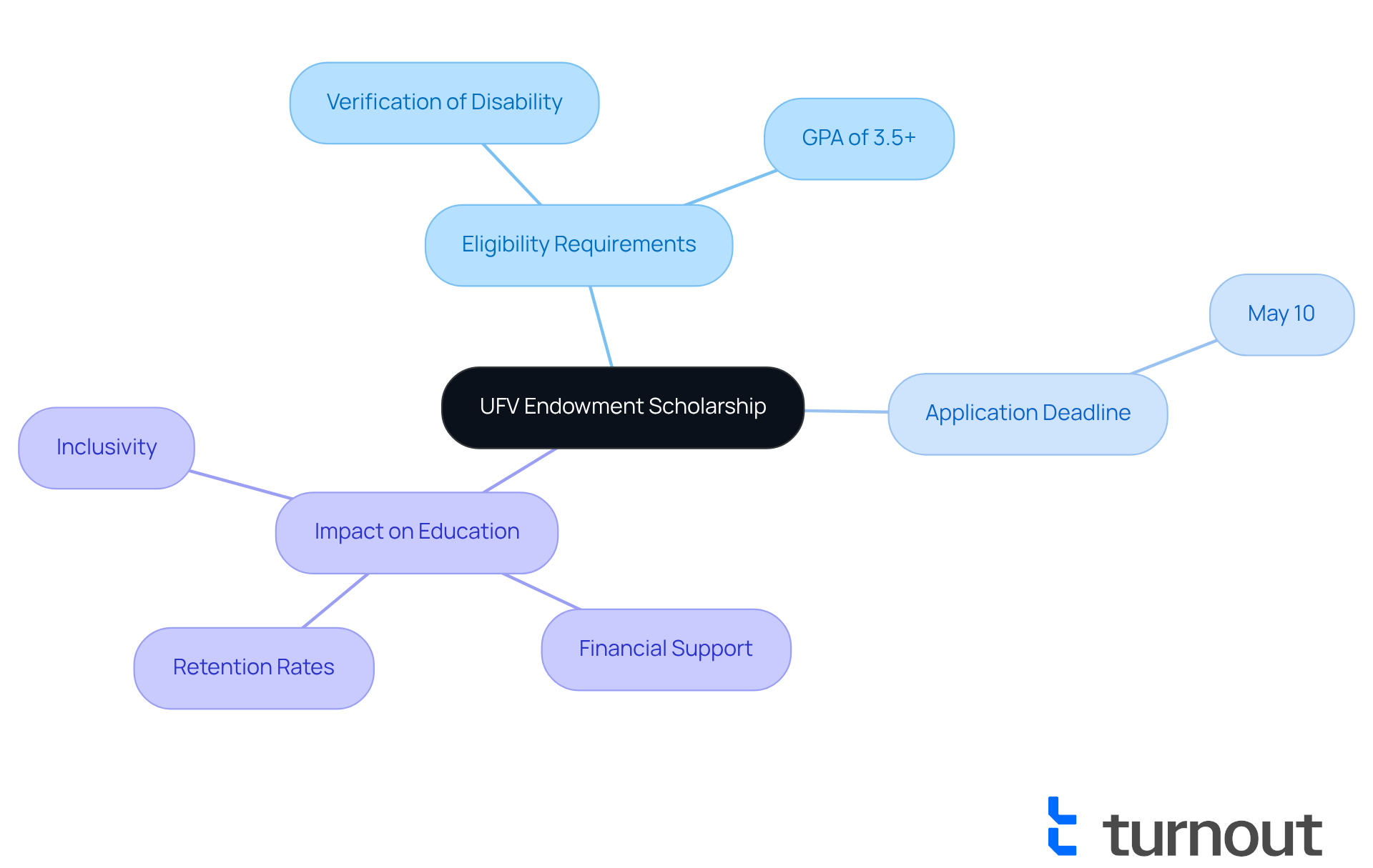 The central node represents the scholarship, while branches show the requirements and impacts. Each color-coded branch helps you easily identify different aspects, making it clear how the scholarship supports students.