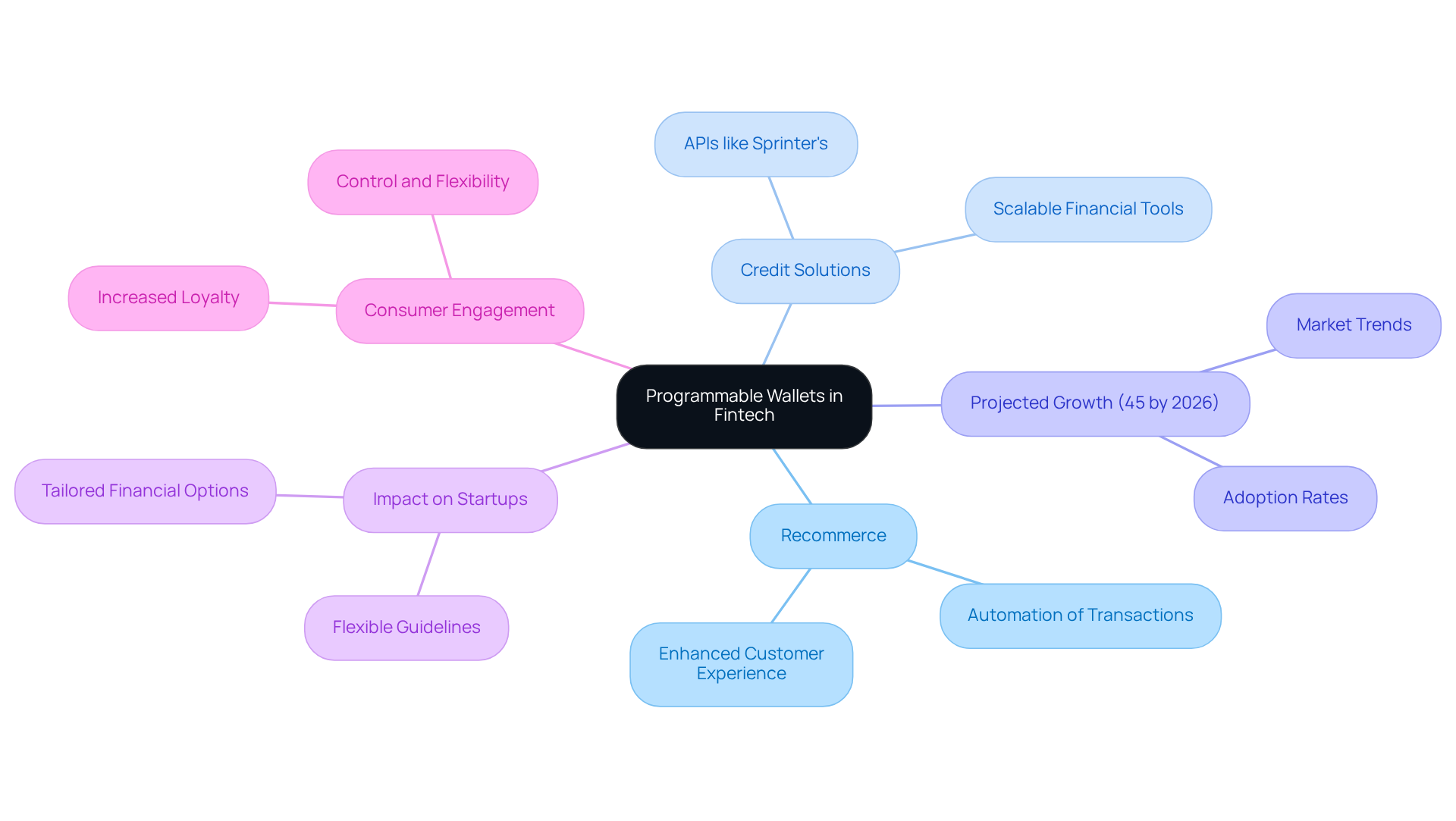 The central node represents the main topic, while the branches show related areas of discussion. Each color-coded branch helps you see how different aspects of programmable wallets connect to the overall fintech strategy.
