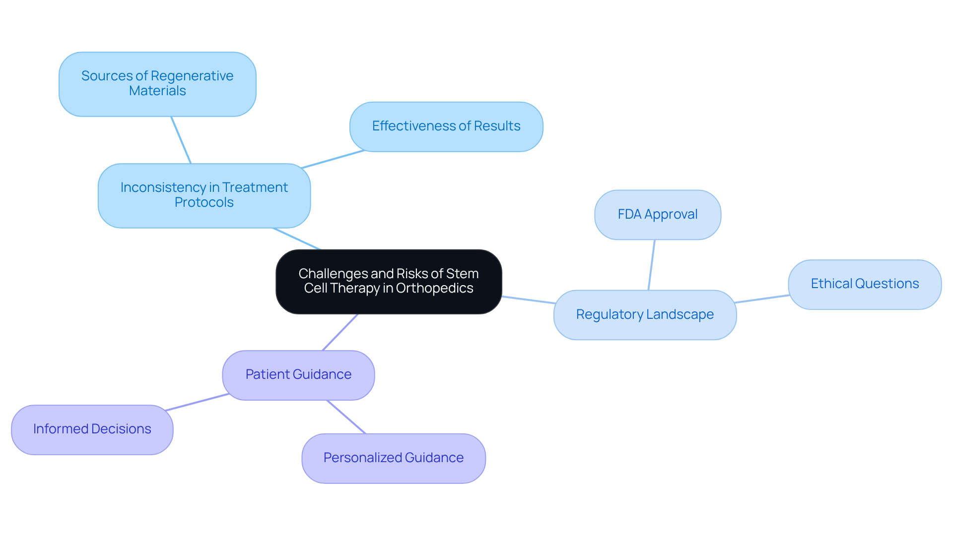 The central node represents the main topic, while the branches show different challenges and risks. Each sub-branch provides more detail, helping you understand how these issues connect and impact patient experiences.