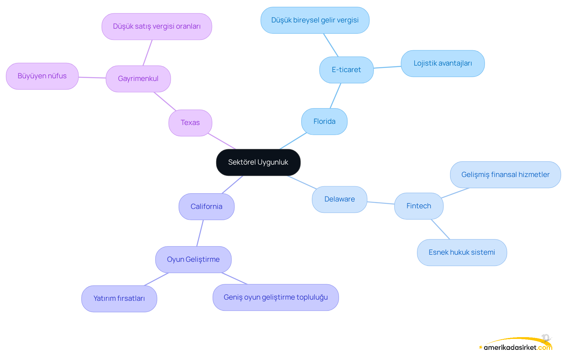 Merkezdeki konu, sektörel uygunluk. Dallar, her eyaletin hangi iş modeline uygun olduğunu ve sunduğu avantajları gösteriyor. Renkler, her eyaletin farklı sektörlerdeki fırsatlarını ayırt etmeye yardımcı oluyor.