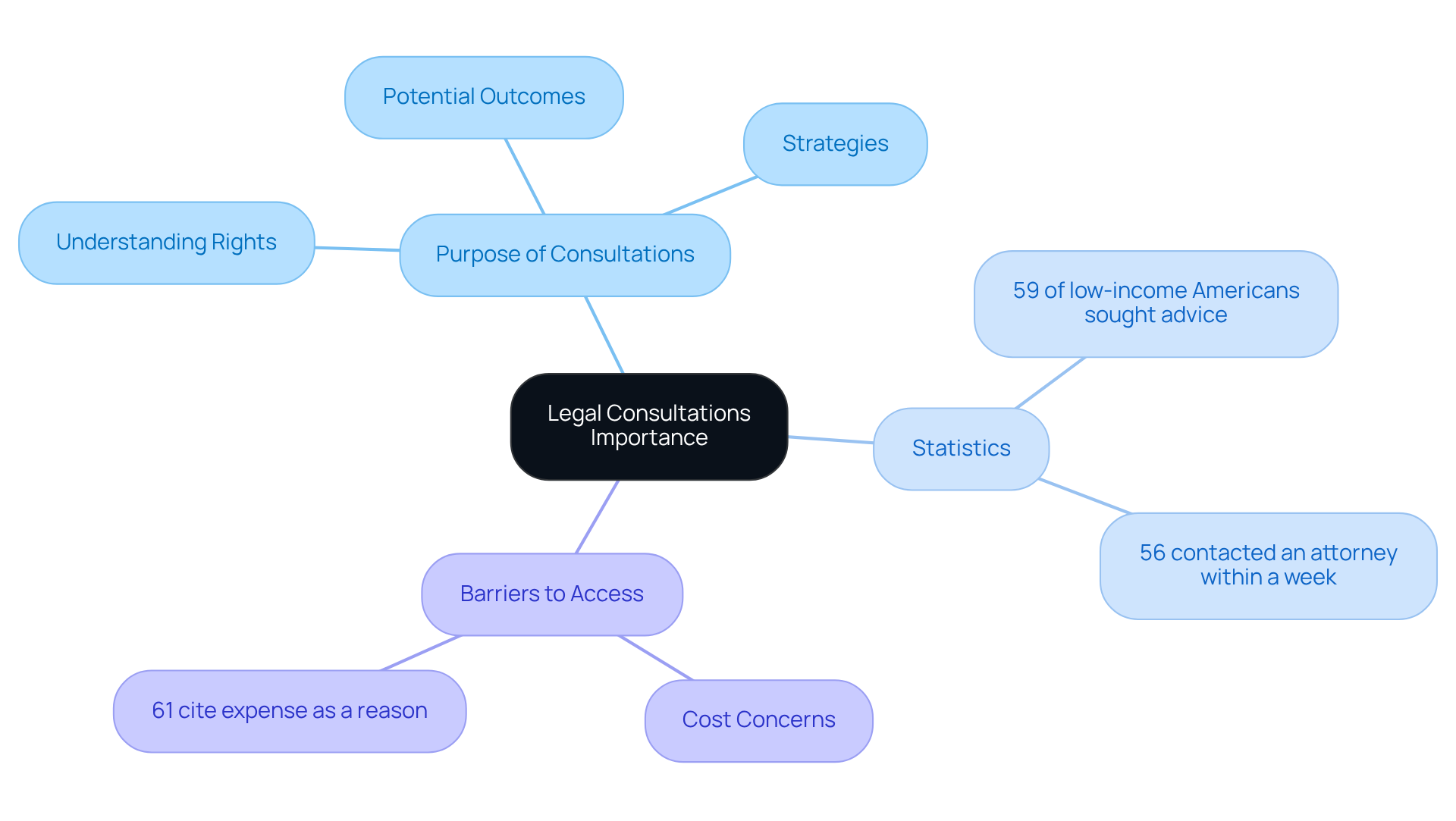 The central node represents the overall topic, while branches show the key areas of focus. Each sub-branch provides specific details, helping you understand the multifaceted nature of legal consultations.