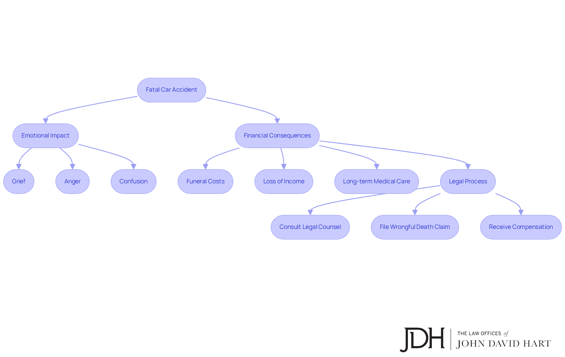 This flowchart illustrates the journey families face after a fatal car accident. Start at the top with the accident, then follow the arrows to see the emotional impacts and financial consequences. Each step shows what families might experience and the actions they can take to seek justice and compensation.