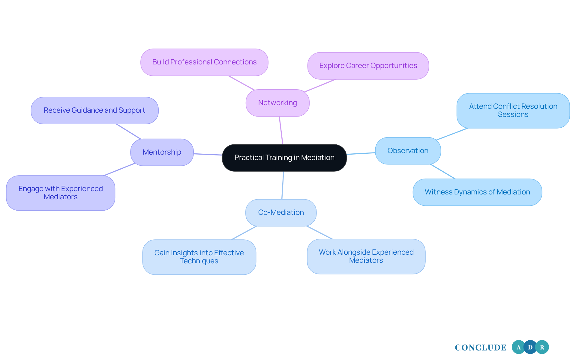 Start at the center with your main goal of gaining practical training, and explore the branches that represent different opportunities and benefits that will support your journey to becoming a skilled mediator.