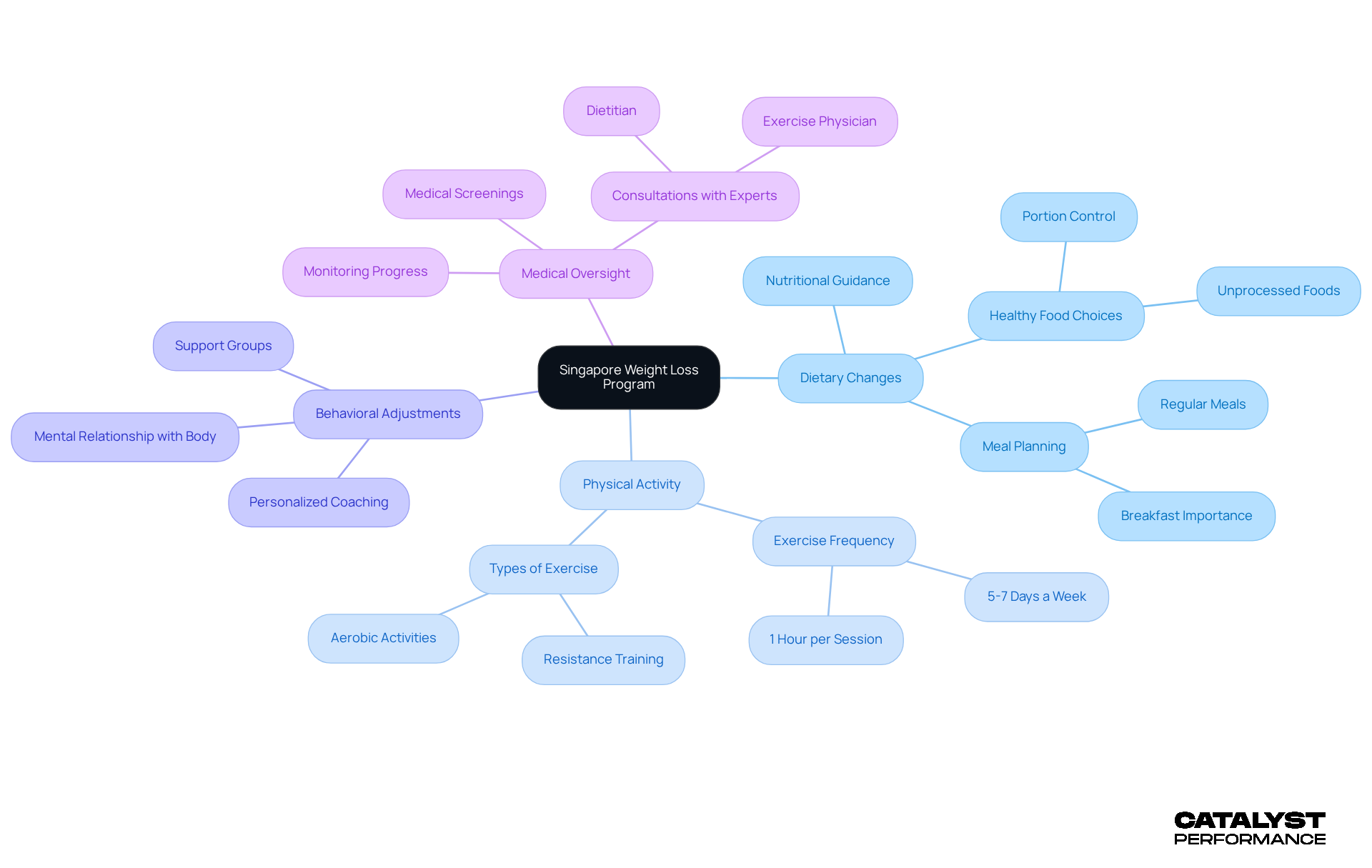 The central node represents the weight loss program, while the branches show the main components that contribute to a successful journey. Each sub-branch provides more detail on specific strategies and support available.