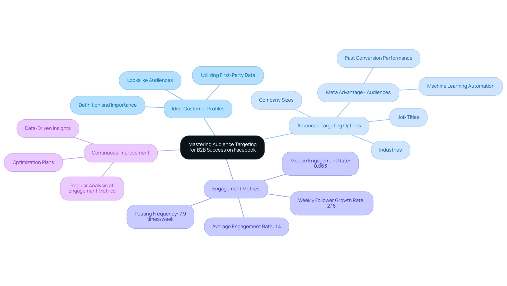 Central node represents the main topic, with branches indicating key strategies and metrics related to audience targeting in B2B Facebook marketing.