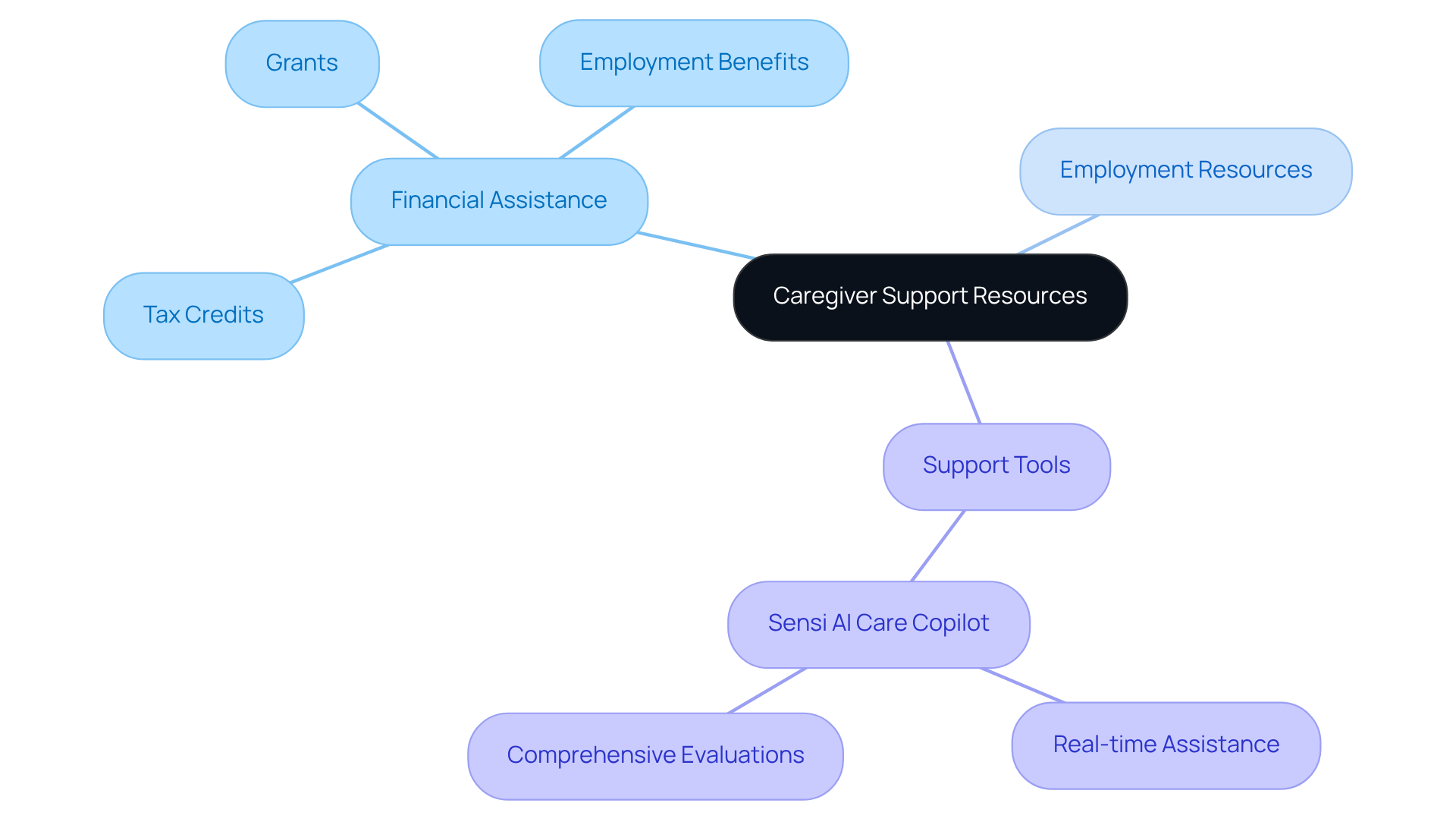 The central node represents caregiver support, with branches showing different types of resources and tools that can help caregivers manage their responsibilities and financial challenges. The central node represents caregiver support, with branches showing different types of resources and tools that can help caregivers manage their responsibilities and financial challenges.