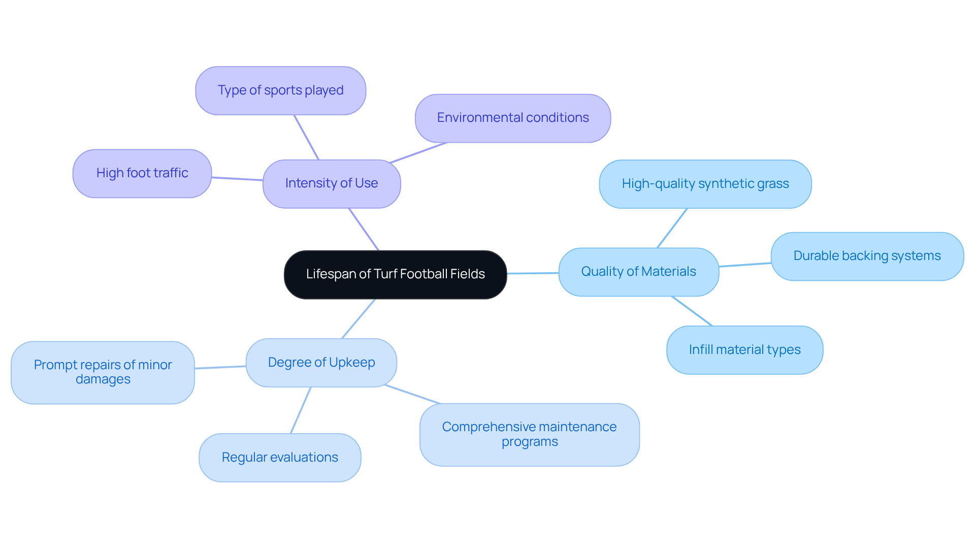 The central idea is the lifespan of turf football fields, with branches showing the key factors that affect it. Each branch represents a different aspect that can influence how long the field lasts, helping facility managers understand what to focus on for maintenance and replacement. The central idea is the lifespan of turf football fields, with branches showing the key factors that affect it. Each branch represents a different aspect that can influence how long the field lasts, helping facility managers understand what to focus on for maintenance and replacement.