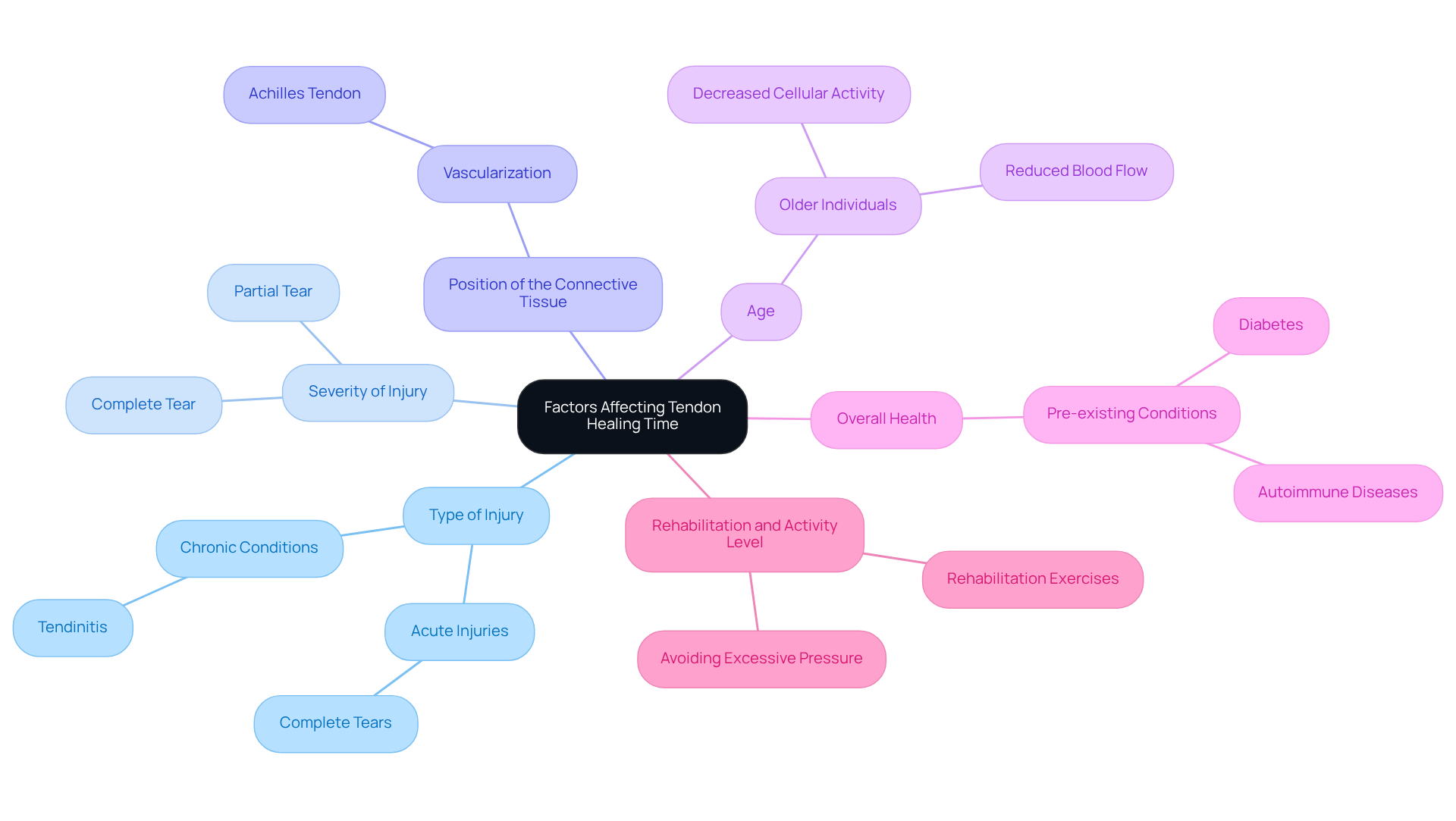The center shows the main topic, and each branch represents a different factor that can affect how long it takes for tendons to heal. Follow the branches to see specific details about each factor.