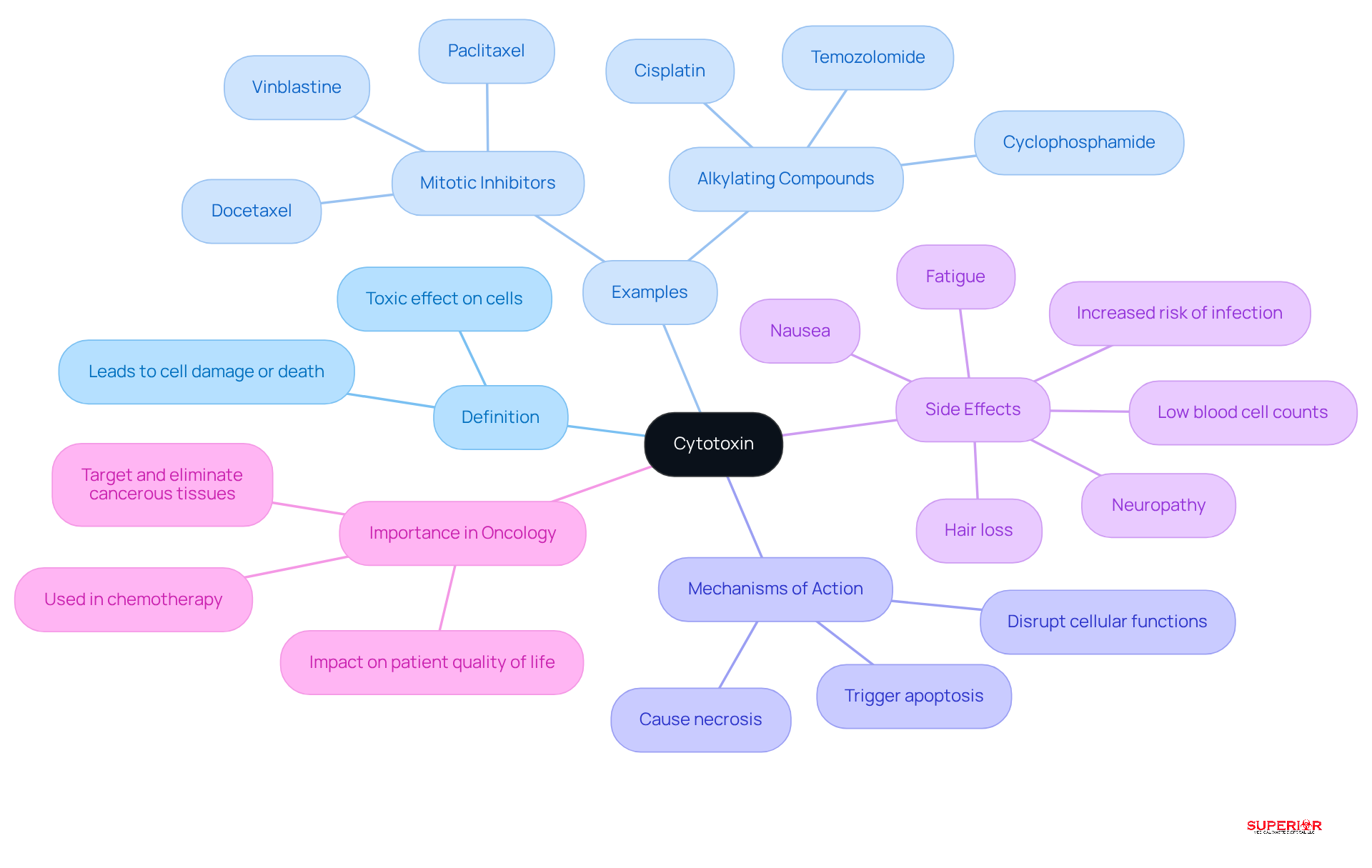 This mindmap starts with the core concept of cytotoxins at the center. Each branch represents a different aspect of cytotoxins, such as their definition, examples, and effects. Follow the branches to explore how these substances function and their significance in cancer treatment. This mindmap starts with the core concept of cytotoxins at the center. Each branch represents a different aspect of cytotoxins, such as their definition, examples, and effects. Follow the branches to explore how these substances function and their significance in cancer treatment.