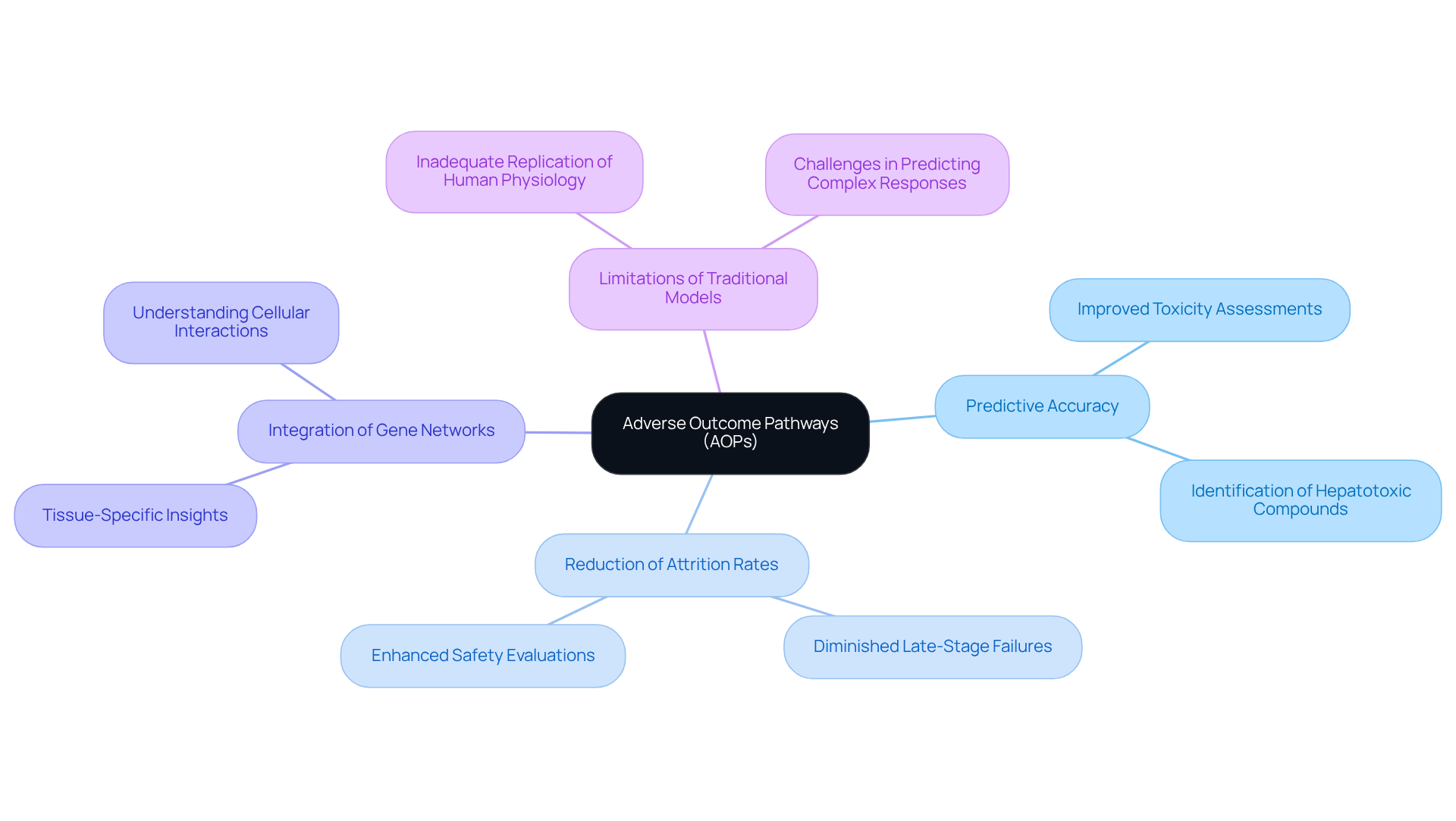 The central node represents AOPs, while the branches illustrate how they enhance drug safety through various interconnected processes. Each color-coded branch highlights a different aspect of AOPs, making it easy to see how they contribute to improving drug safety.
