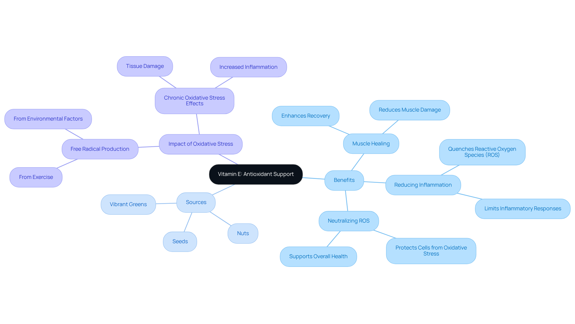 This mindmap illustrates how Vitamin E supports your body. The central idea is Vitamin E, and the branches show its benefits, sources, and the effects of oxidative stress. Follow the branches to understand how each aspect connects to your health and recovery.