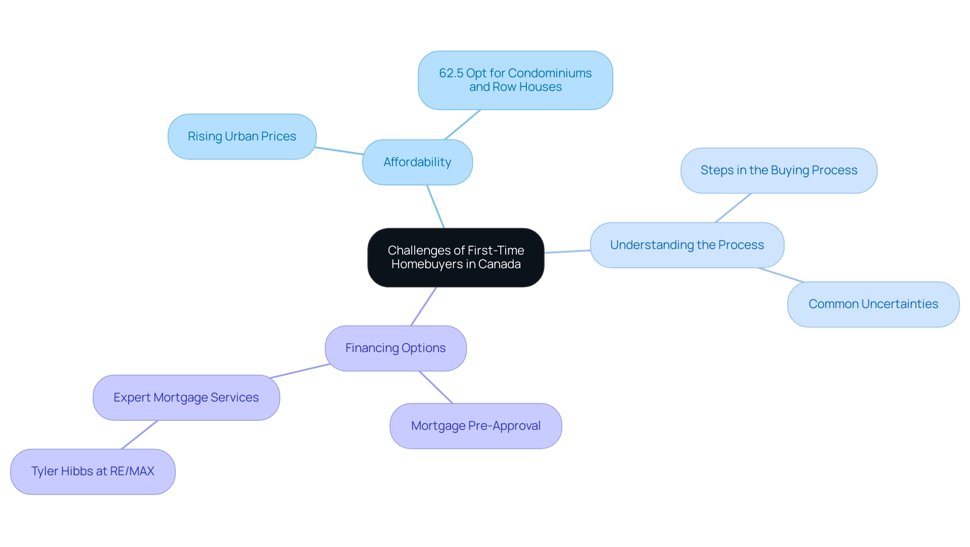 The central node represents the overall challenges, with branches showing key issues and their respective insights.