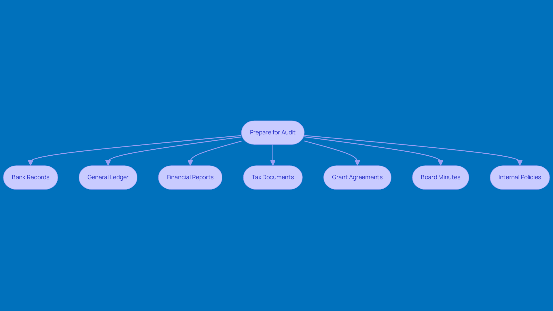 Each box represents a document or record you need to gather for the audit. Follow the arrows to see the order in which you should prepare these items for a smooth audit process.