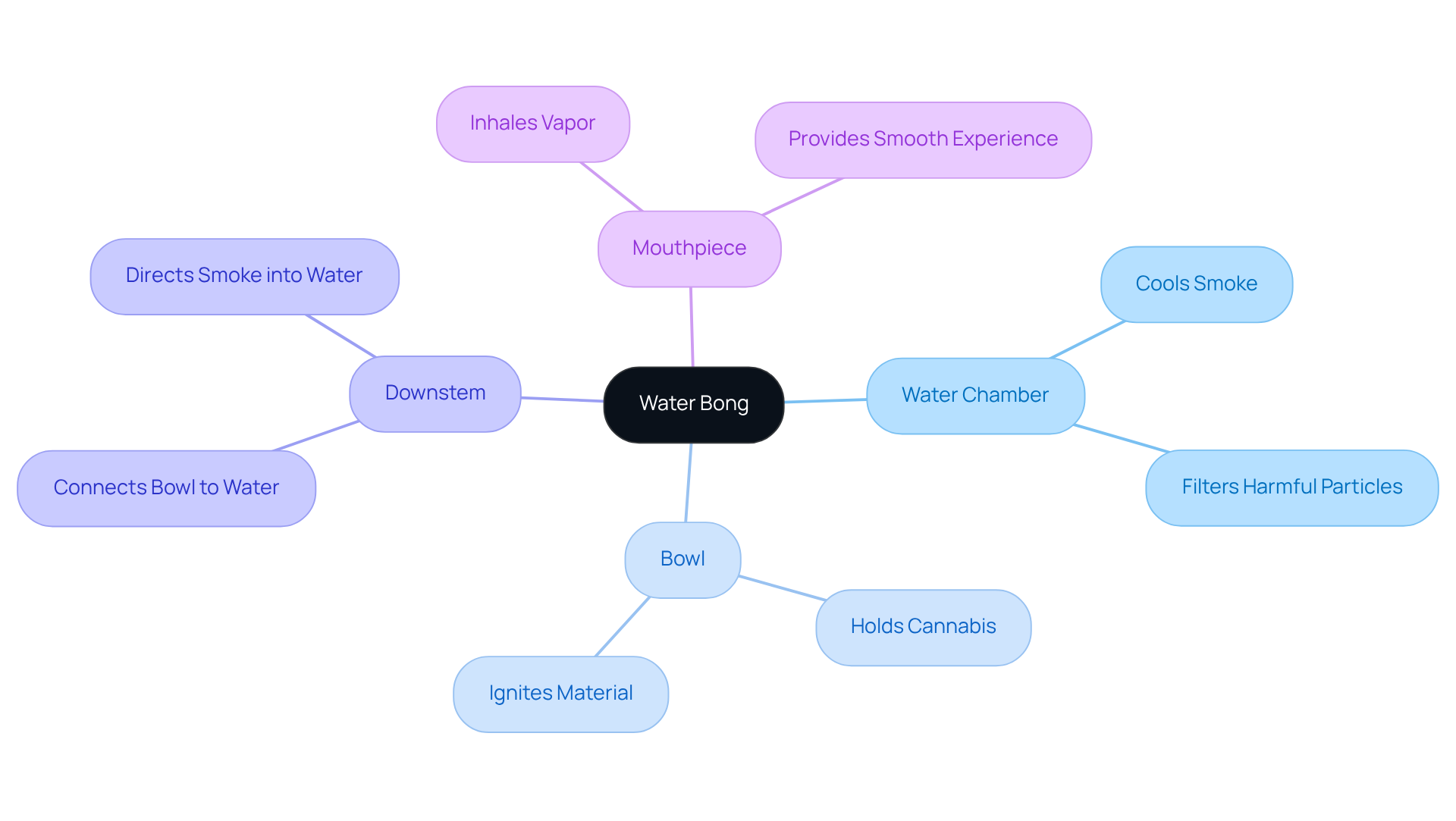 The central node represents the water bong, and each branch shows a key component. Follow the branches to learn how each part works together to create a smoother smoking experience. The central node represents the water bong, and each branch shows a key component. Follow the branches to learn how each part works together to create a smoother smoking experience.