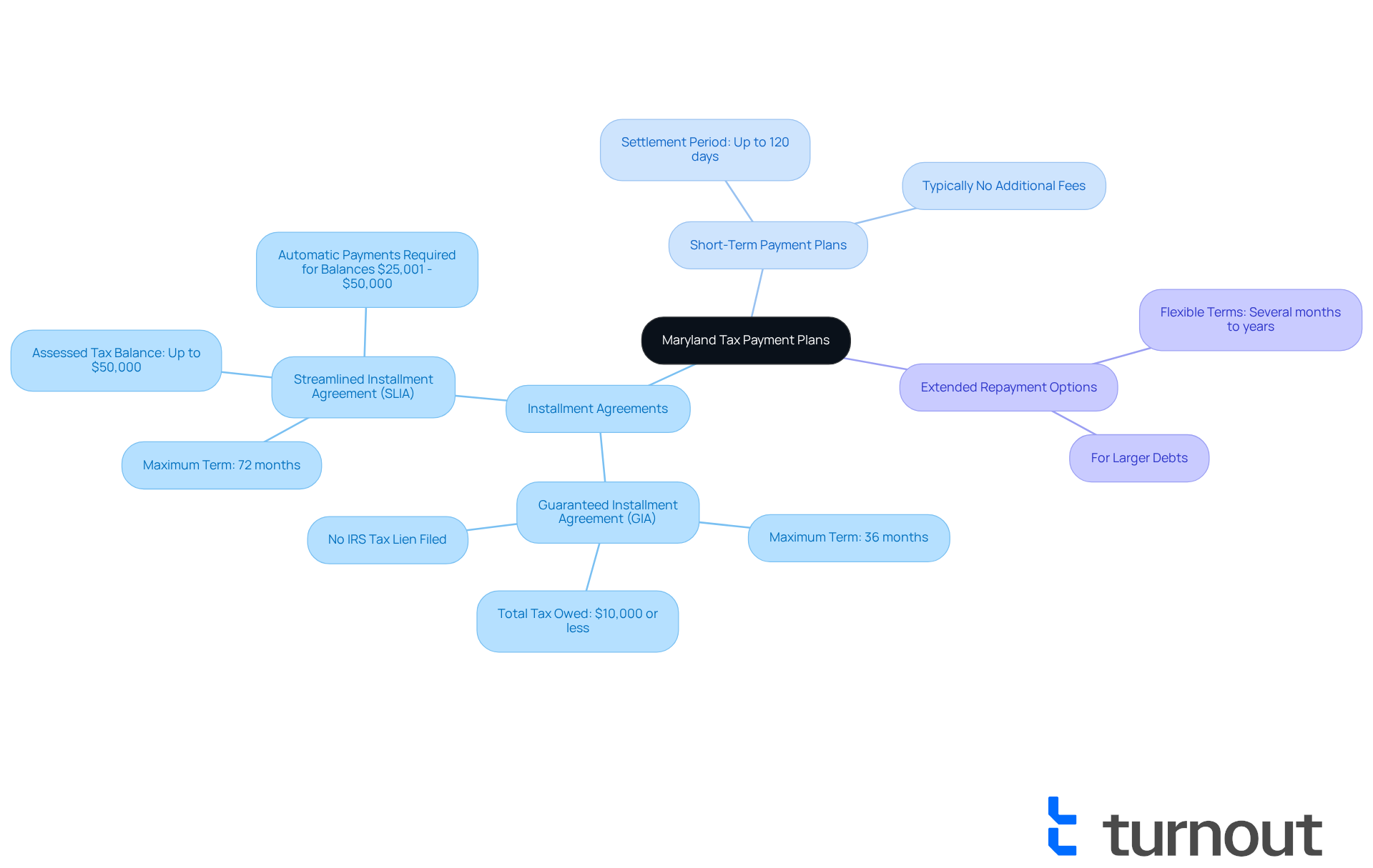 The central node represents the main topic of tax payment plans, while the branches show various options available. Each sub-branch contains important details about the specific plans, helping you navigate your choices easily. The central node represents the main topic of tax payment plans, while the branches show various options available. Each sub-branch contains important details about the specific plans, helping you navigate your choices easily.