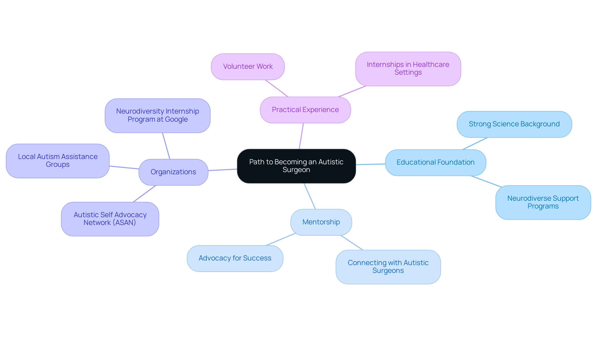 Each branch represents a key area of support and resources, with colors indicating different categories such as education, mentorship, and practical experience.