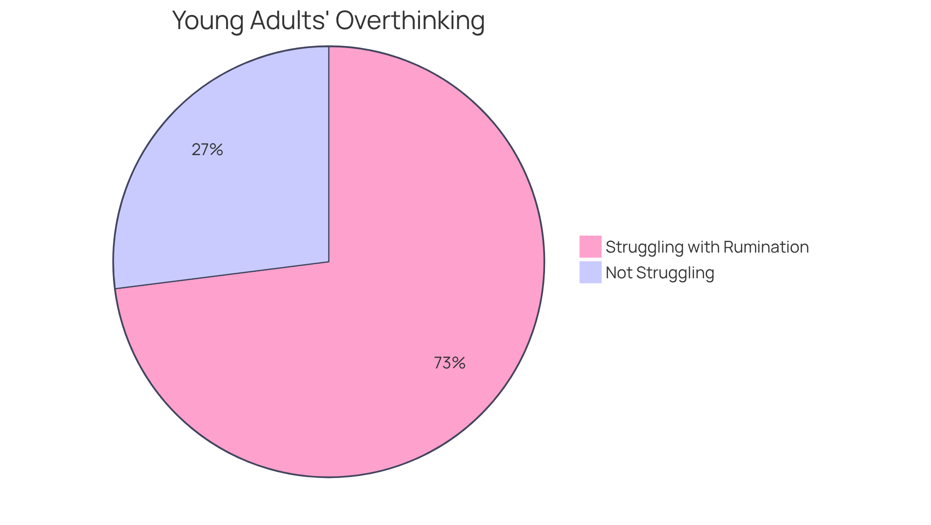 This chart shows how many young adults are affected by overthinking. The larger blue slice represents the 73% who struggle with excessive rumination, while the smaller gray slice shows the 27% who do not. It helps visualize the significant impact of overthinking on this age group. This chart shows how many young adults are affected by overthinking. The larger blue slice represents the 73% who struggle with excessive rumination, while the smaller gray slice shows the 27% who do not. It helps visualize the significant impact of overthinking on this age group.