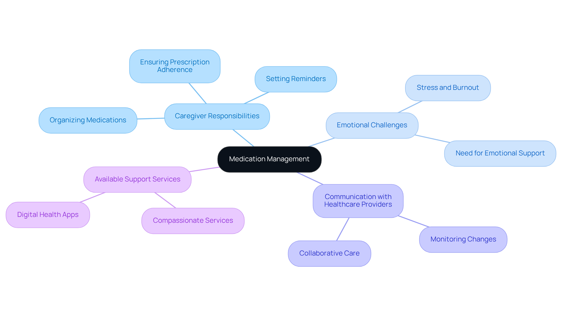 The central node represents the main topic of medication management, while the branches illustrate the key areas caregivers focus on, including their responsibilities, emotional challenges, communication, and support options.