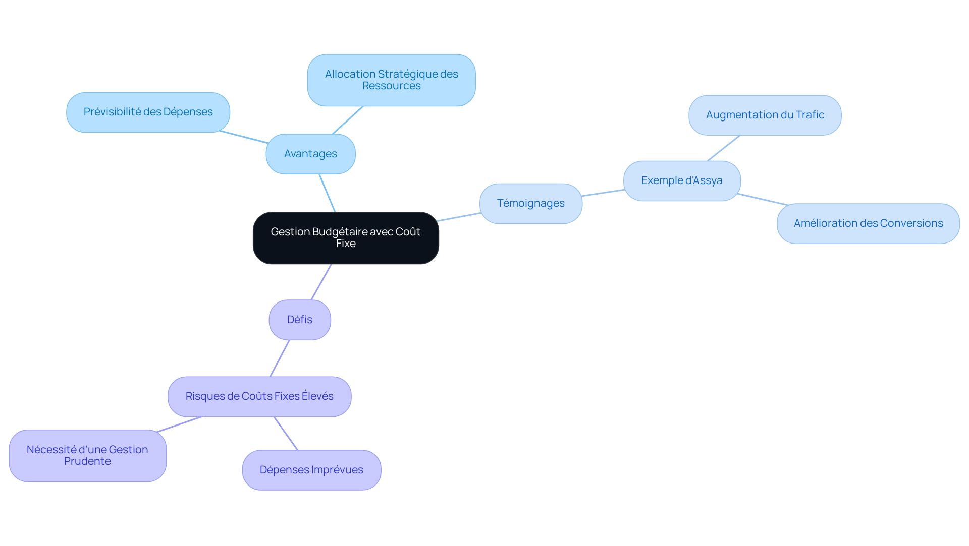 Le nœud central représente le modèle de coût fixe, et les branches montrent les avantages, les témoignages et les défis associés. Suivez les branches pour explorer chaque aspect de la gestion budgétaire.