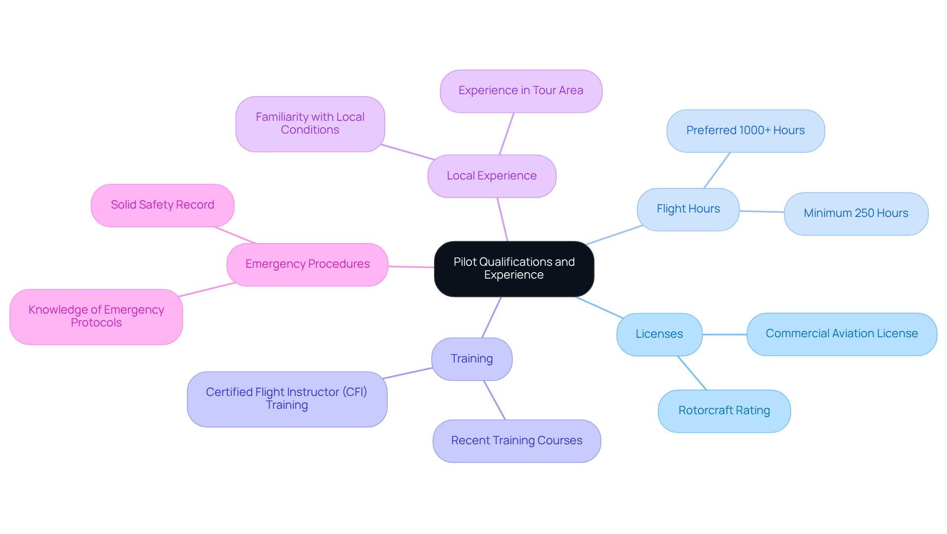 Start at the center with the main topic of pilot qualifications. Each branch represents a key area to consider, and the sub-branches provide specific details that contribute to ensuring safety during your flight. Start at the center with the main topic of pilot qualifications. Each branch represents a key area to consider, and the sub-branches provide specific details that contribute to ensuring safety during your flight.