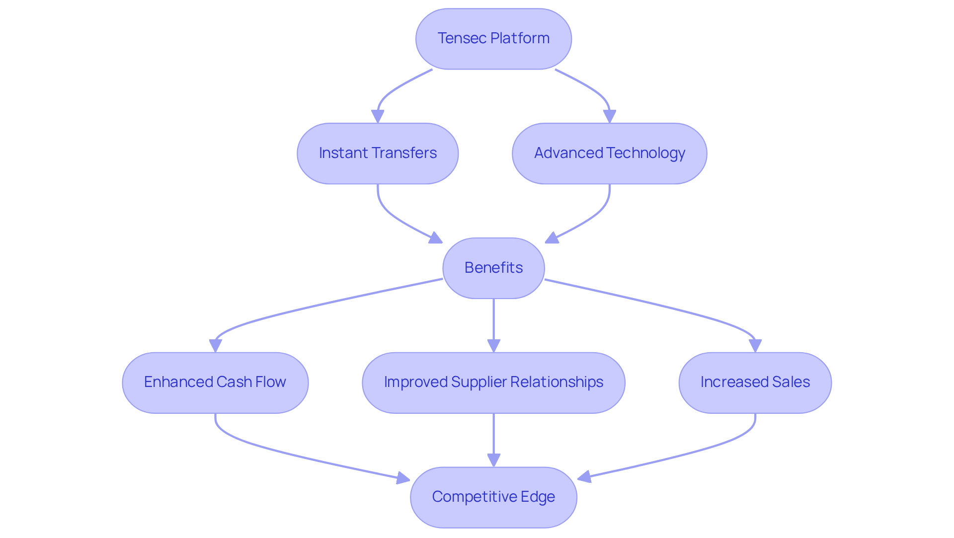 This flowchart shows how Tensec's platform works: it starts with the technology, leads to instant transfers, and results in various benefits for businesses. Follow the arrows to see how each part connects and contributes to improved transaction efficiency.