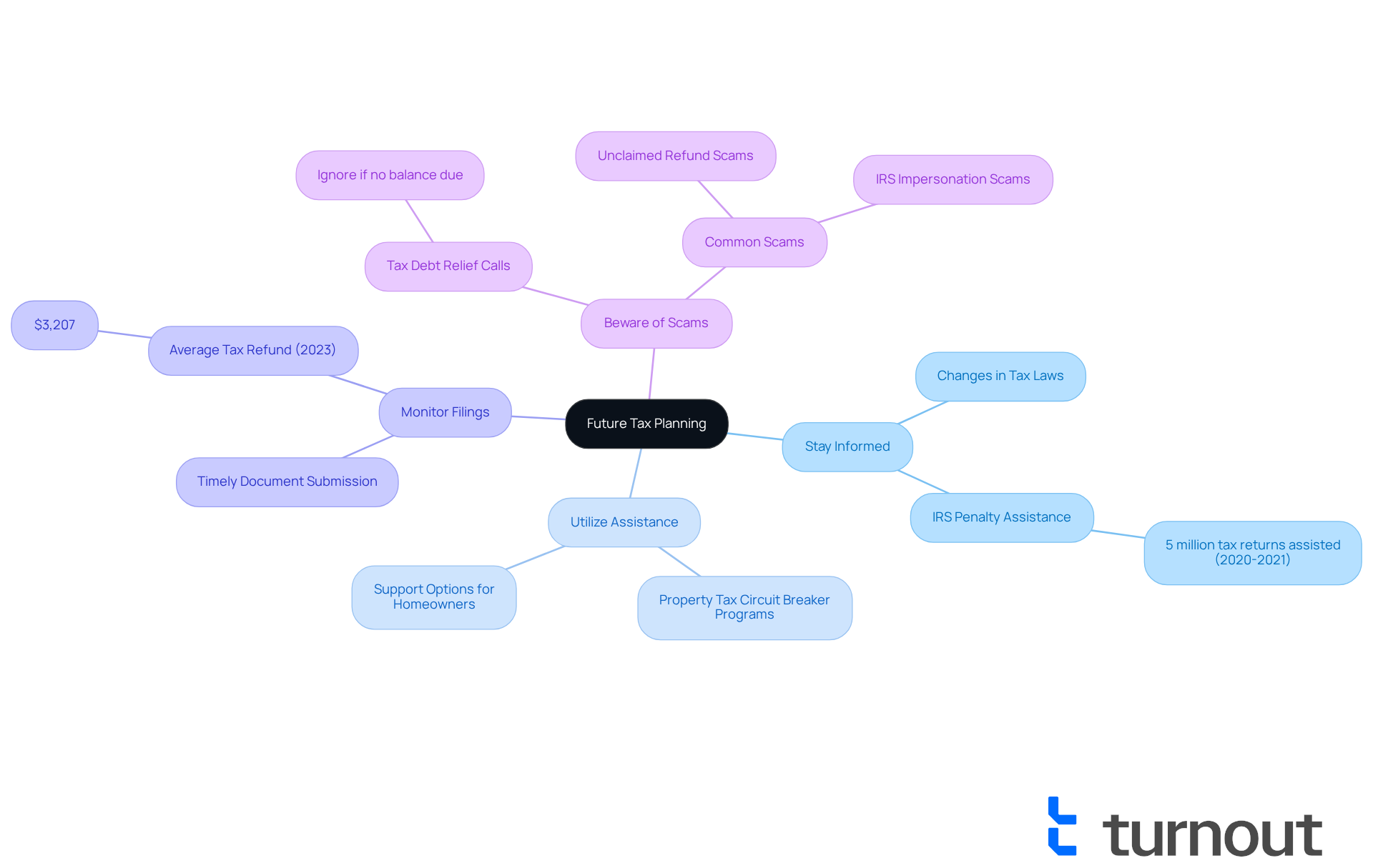 The center represents your goal of effective tax planning. Each branch represents a strategy to help you avoid future tax debt, with sub-points providing important details or examples related to that strategy.