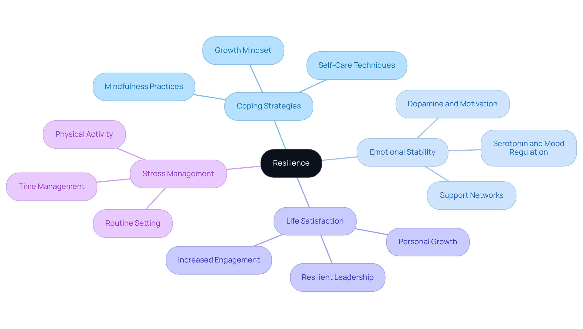 The center of the mindmap represents the concept of resilience. Branches show related concepts and qualities that contribute to resilience, illustrating how they connect and support one another.