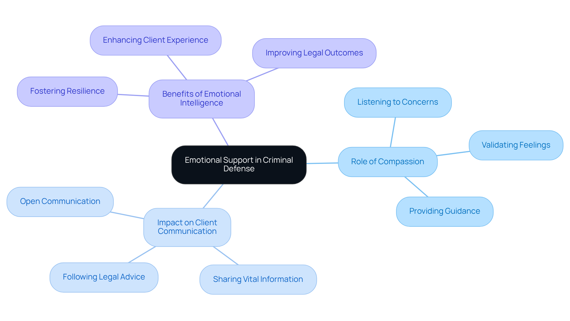 Start at the center with the main idea of emotional support, then explore how it branches into different aspects of legal representation. Each branch shows how emotional support influences various elements of the defense process.