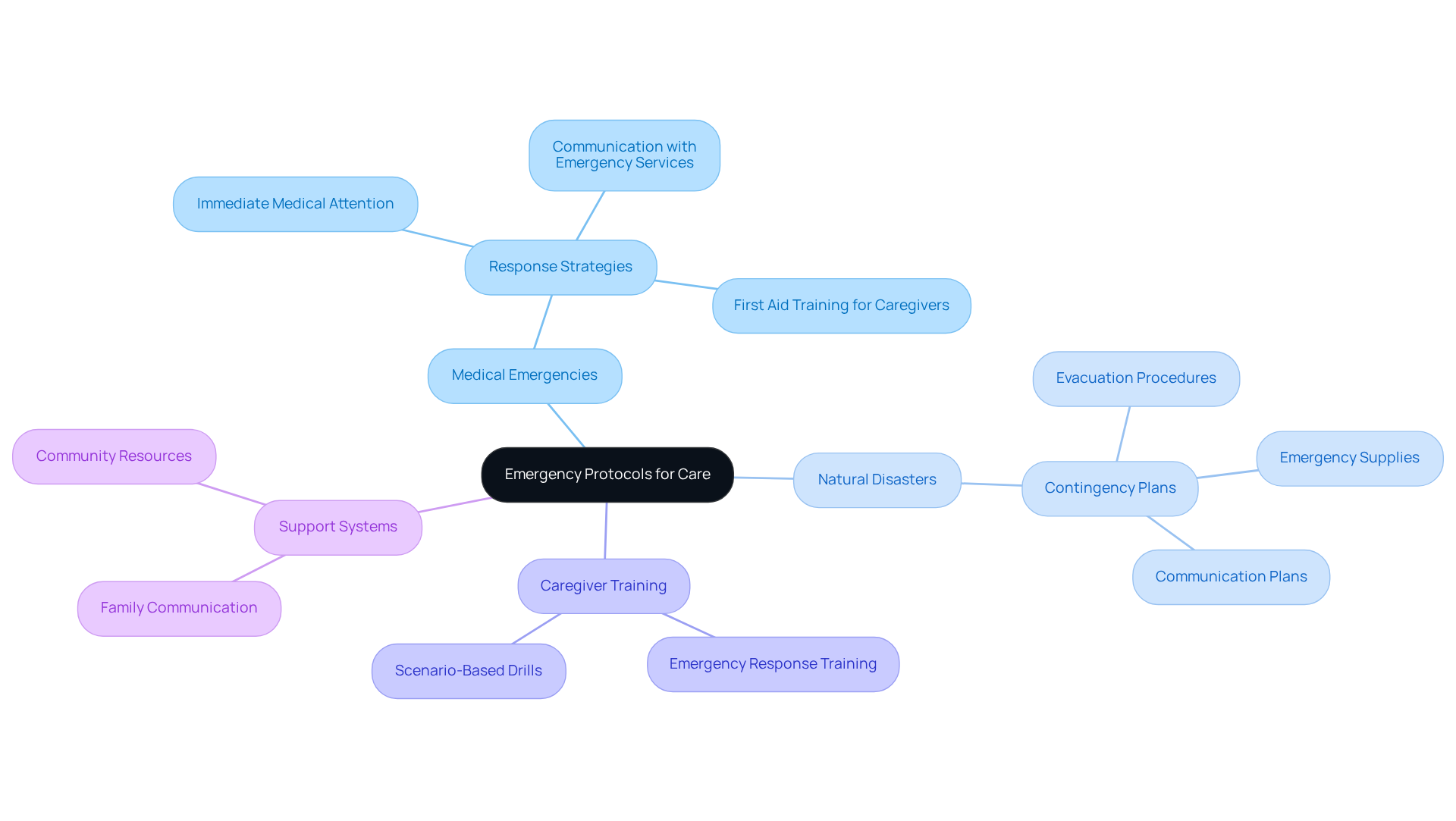 The center of the mindmap shows the overall theme of emergency protocols, while the branches represent different areas of focus—follow the lines to see how each aspect contributes to the preparedness.