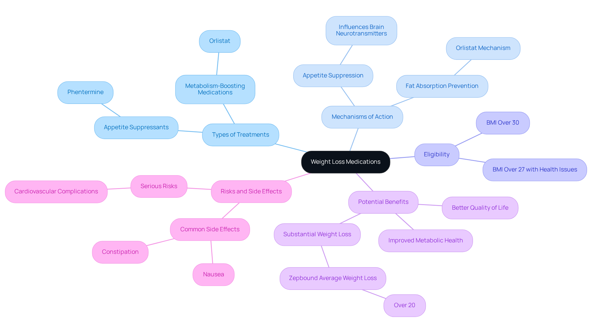 The center represents the main topic of weight loss medications. Each branch leads to a different aspect of the topic, helping you understand how they relate to each other. The sub-branches provide more detailed information about each category.