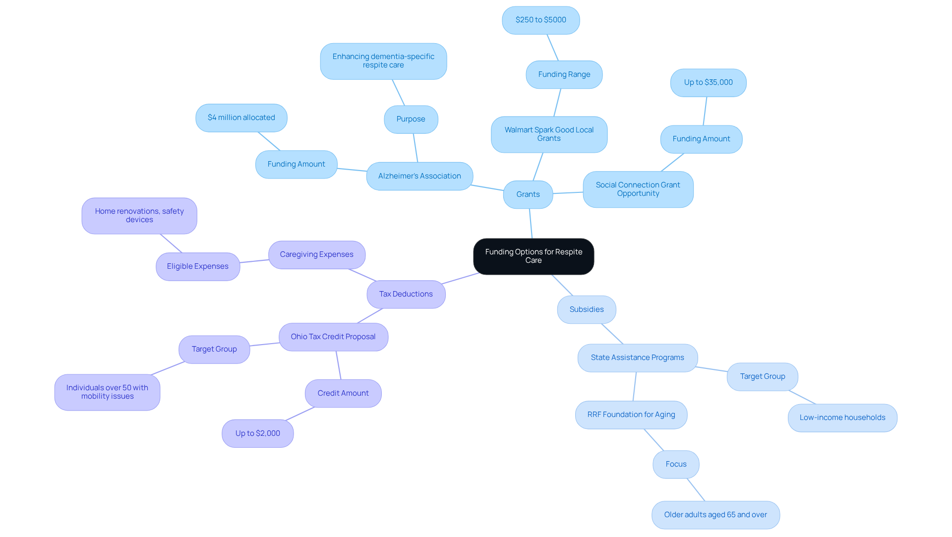 The central node represents the main topic of funding options. Each branch shows a different type of funding, and the sub-branches provide specific details and examples related to that type. This layout helps you understand how each option can support families in need.