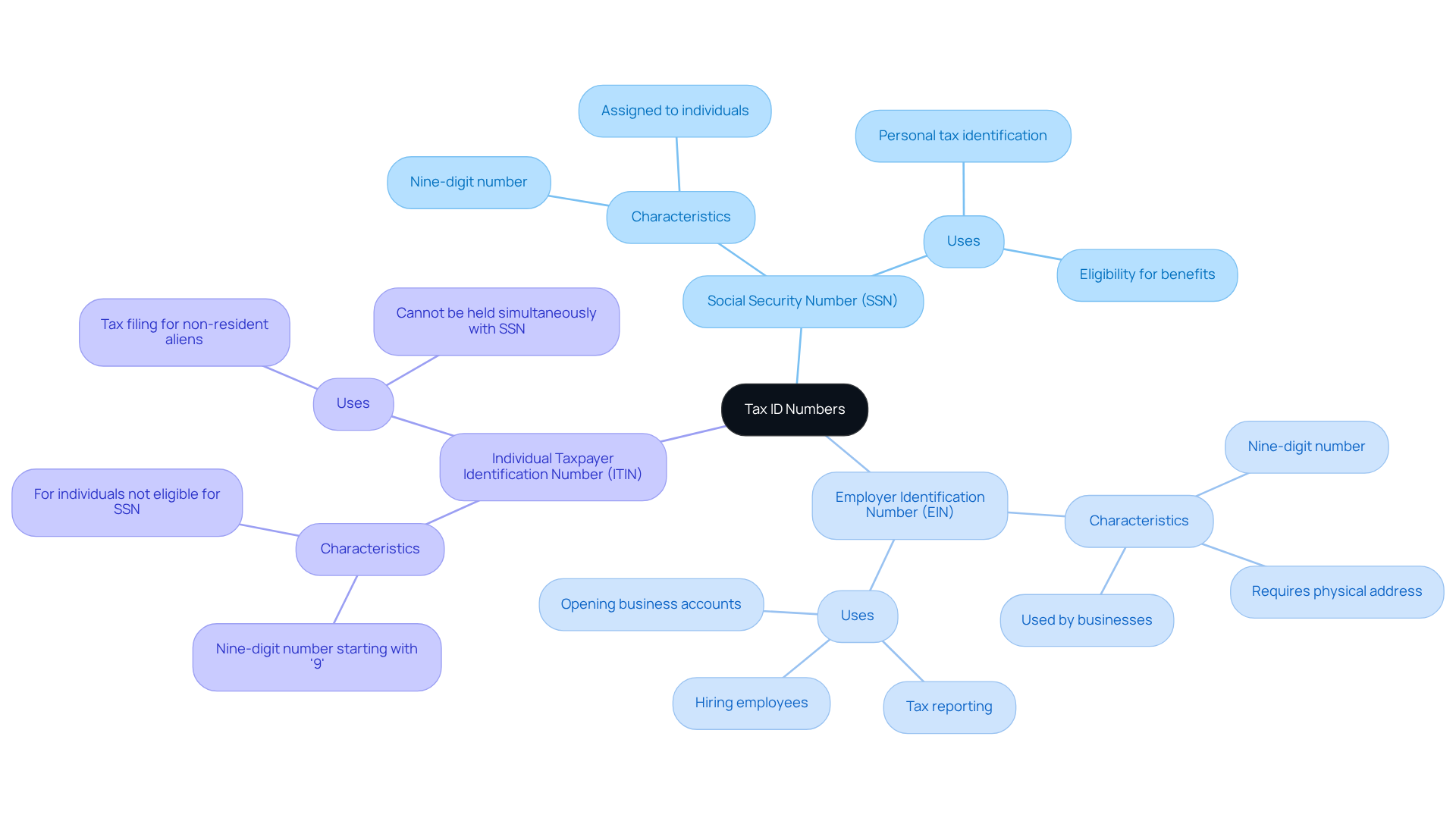 The central node represents Tax ID Numbers, with branches showing different types. Each type has its own characteristics listed underneath, helping you understand their specific purposes and requirements. The central node represents Tax ID Numbers, with branches showing different types. Each type has its own characteristics listed underneath, helping you understand their specific purposes and requirements.