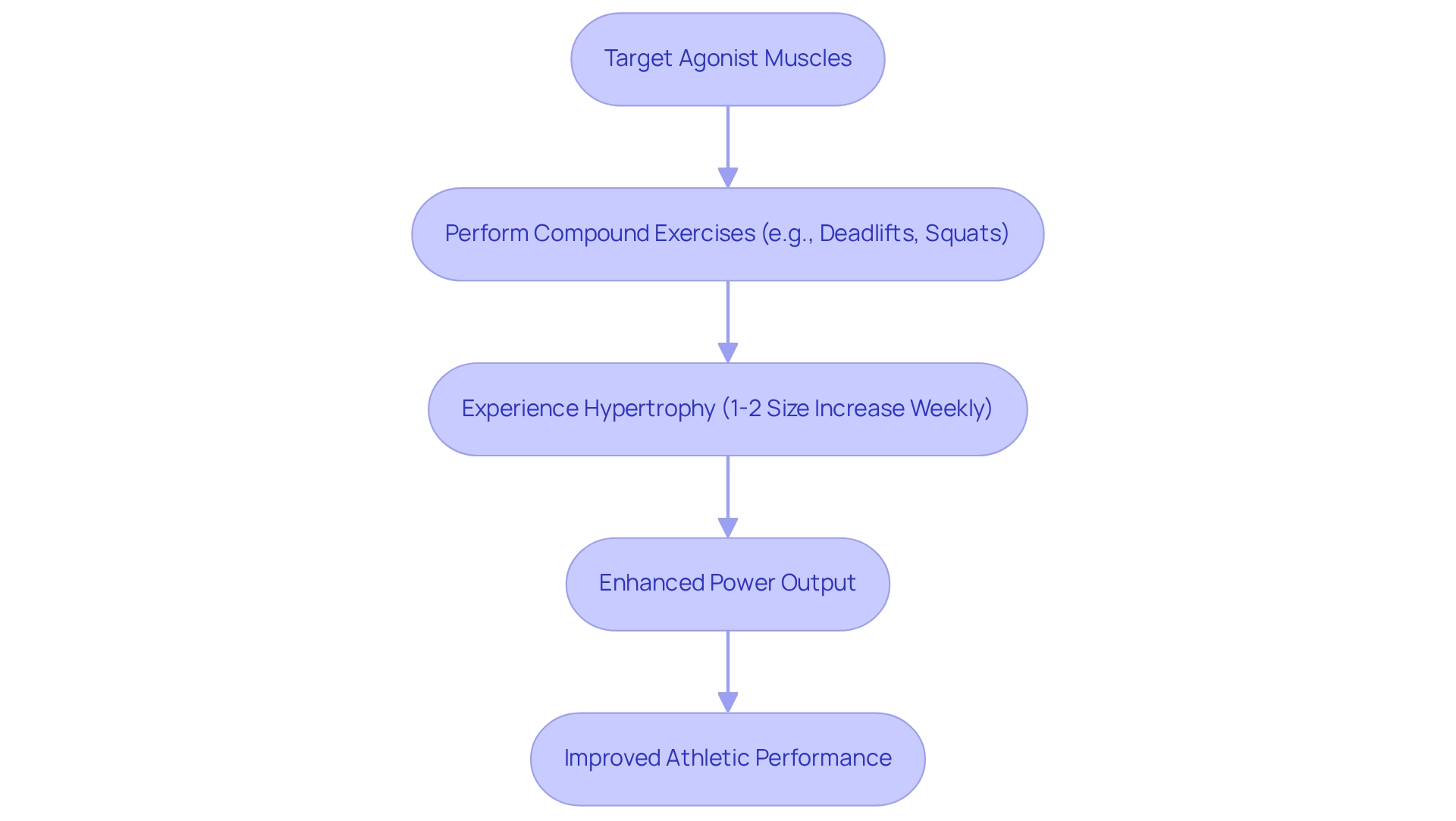 Each box represents a stage in the strength training process, with arrows indicating the sequential flow from targeting muscles to achieving performance improvements.