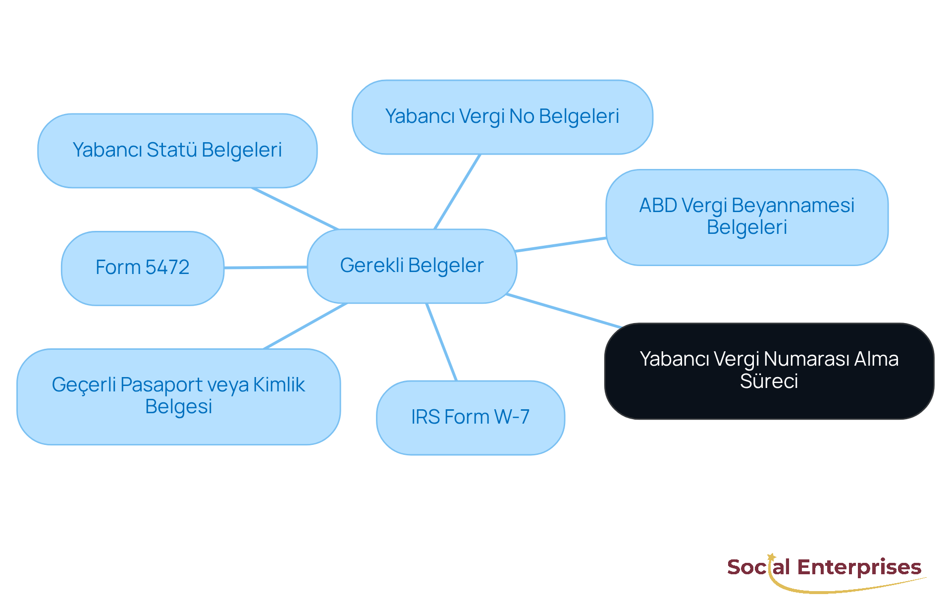 Merkezde yabancı vergi numarası alma sürecine dair ana başlık var. Dallar ise gereken belgeleri gösteriyor. Her belge, sürecin farklı bir yönünü temsil ediyor.